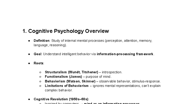 Introduction to Cognitive Psychology (PS260) - 1. Cognitive Psychology ...