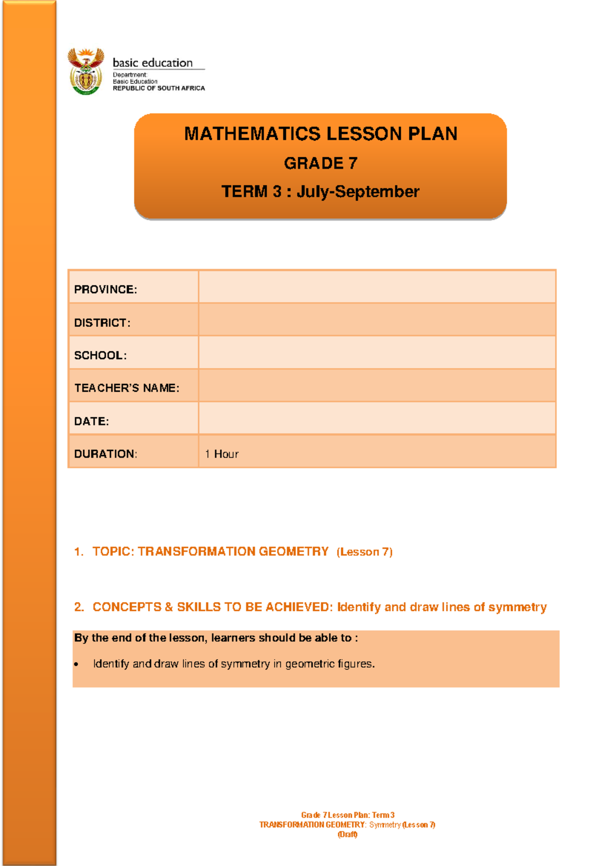 MATHEMATICS GRADE 7 TERM 3 LESSON PLAN: TRANSFORMATION GEOMETRY - Studocu