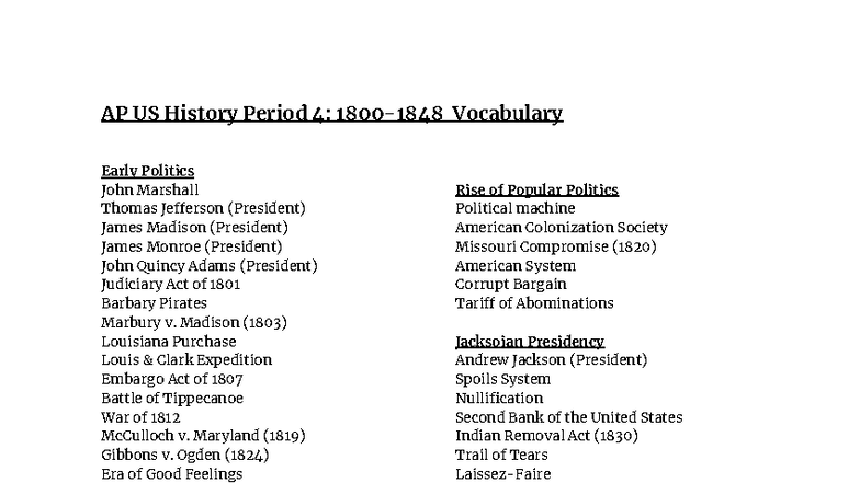 AP US History Vocab: Early Politics & Key Events (Period 4) - Studocu