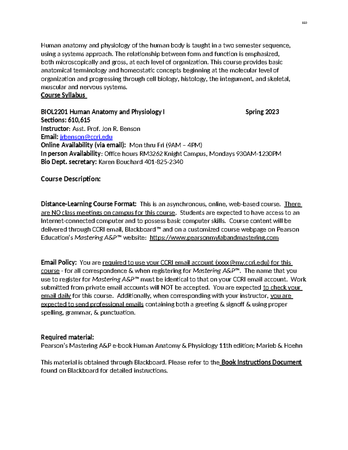 BIOL2201 Syllabus: Human Anatomy and Physiology I Spring 2023 - Studocu
