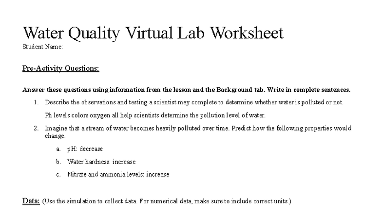 Water Quality Virtual Lab Worksheet (03 02) - Studocu