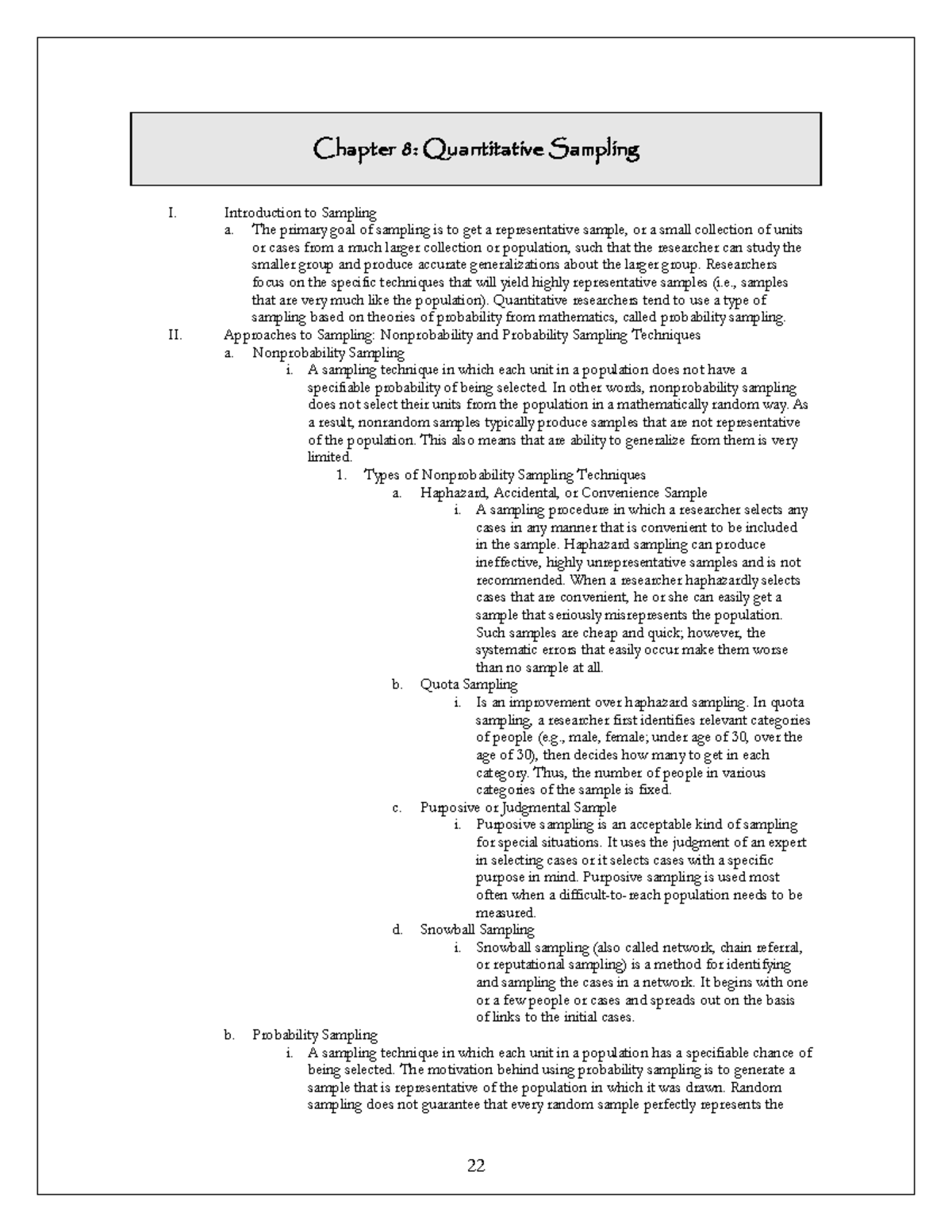 Chapter 8 outline - Yay - Chapter 8: Quantitative Sampling I. Introduction to Sampling a. The ...