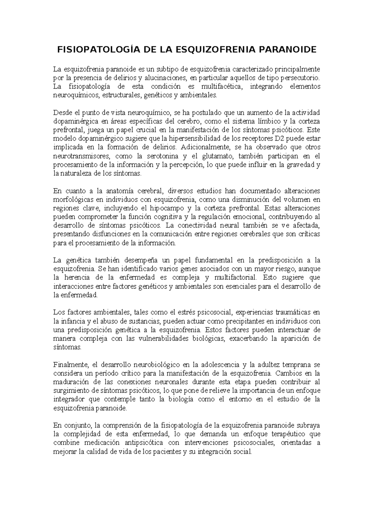 Fisiopatología de la Esquizofrenia Paranoide: Un Enfoque Integral - Studocu