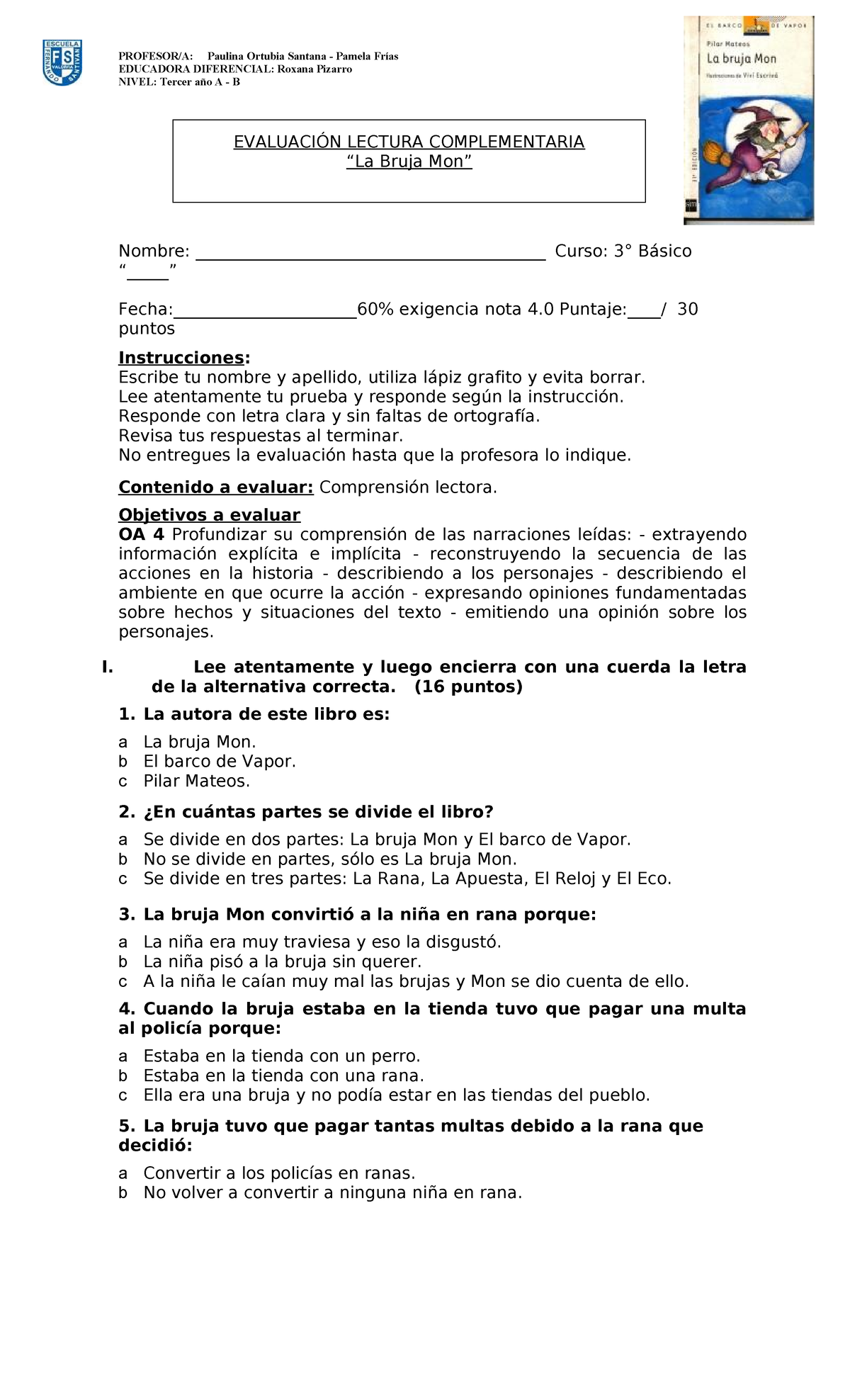 Prueba de Comprensión Lectora: La Bruja Mon - Tercer Año A B - Studocu