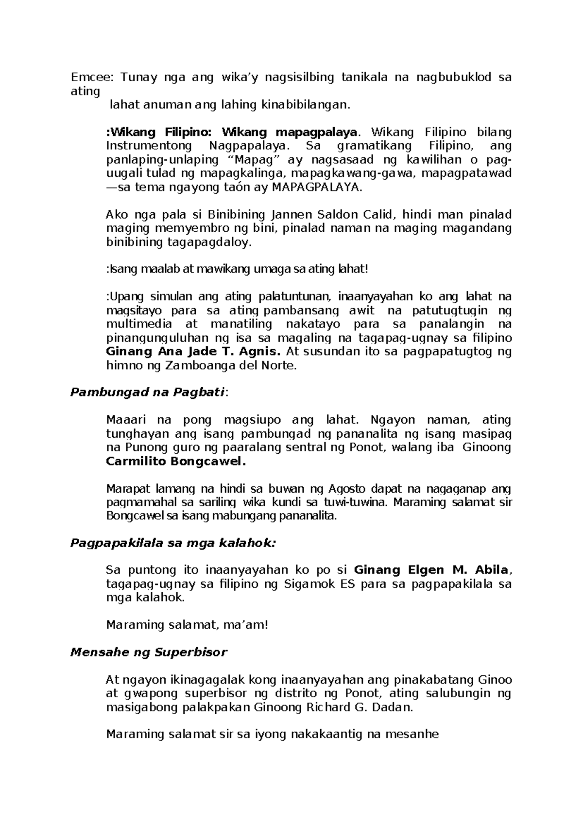 Emcee Script for Cultural Program: Filipino Language Celebration - Studocu