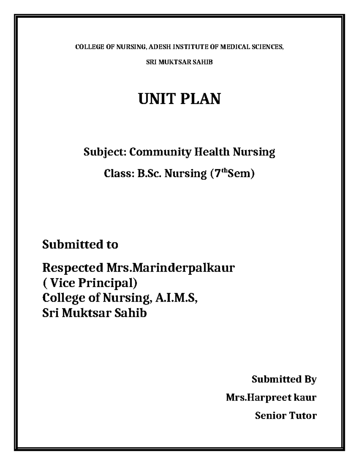 UNIT PLAN: Community Health Nursing 7th Sem - Disaster Management - Studocu