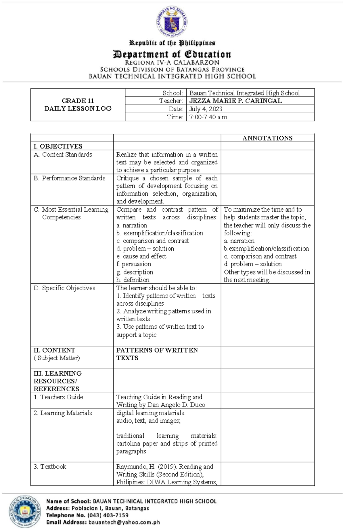 Grade 11- DEMO NG Beshy MO - GRADE 11 DAILY LESSON LOG School: Bauan ...
