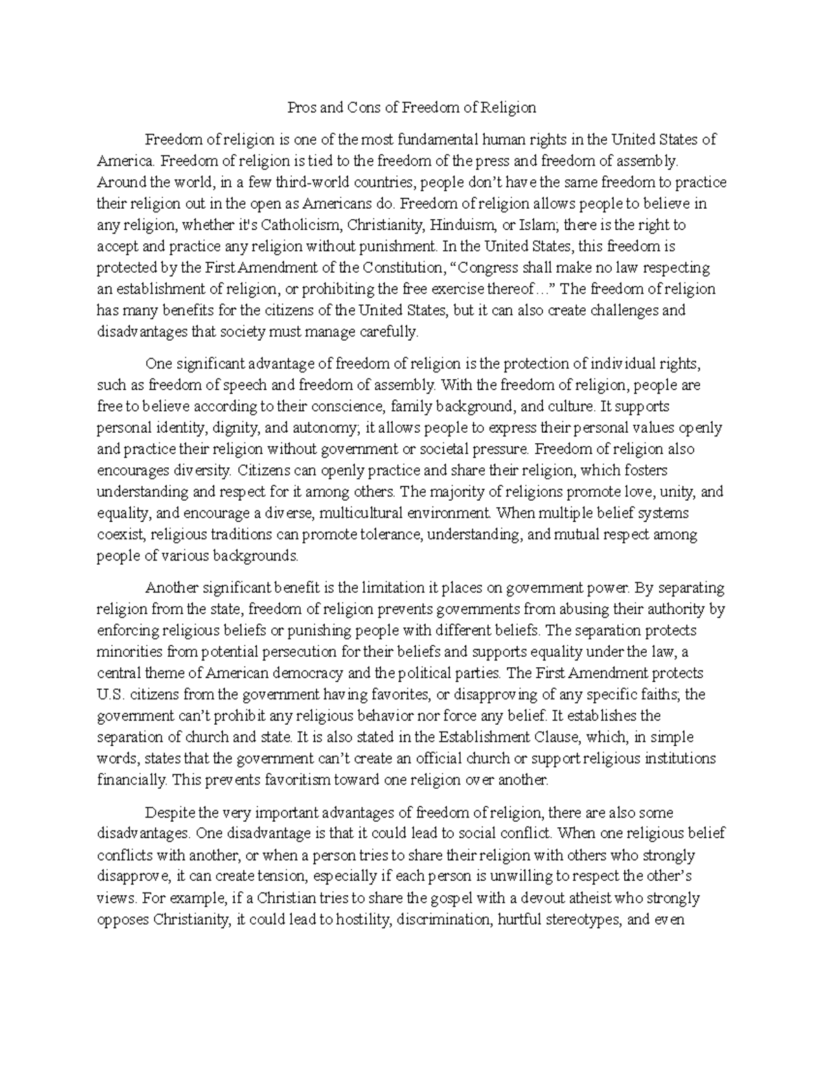 Pros and Cons of Freedom of Religion: A Comprehensive Analysis - Studocu
