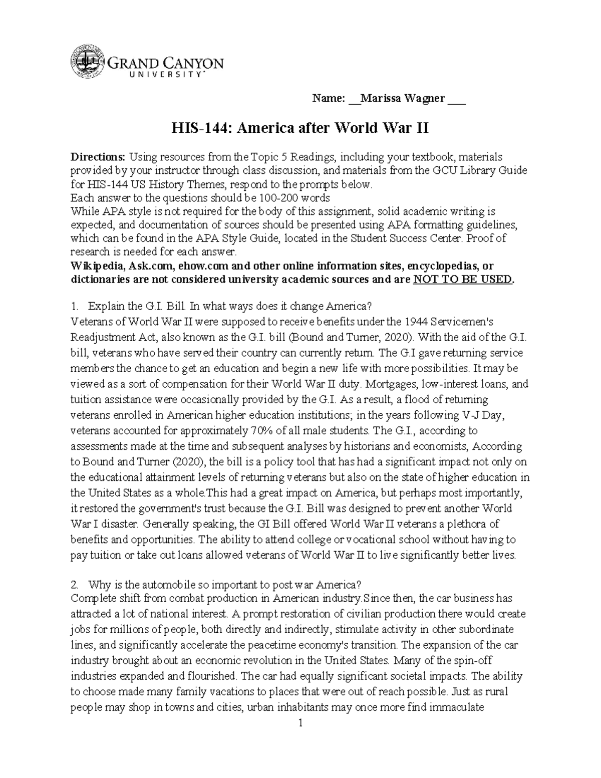 America after WWII Worksheet - Name: __Marissa Wagner ___ HIS-144 ...