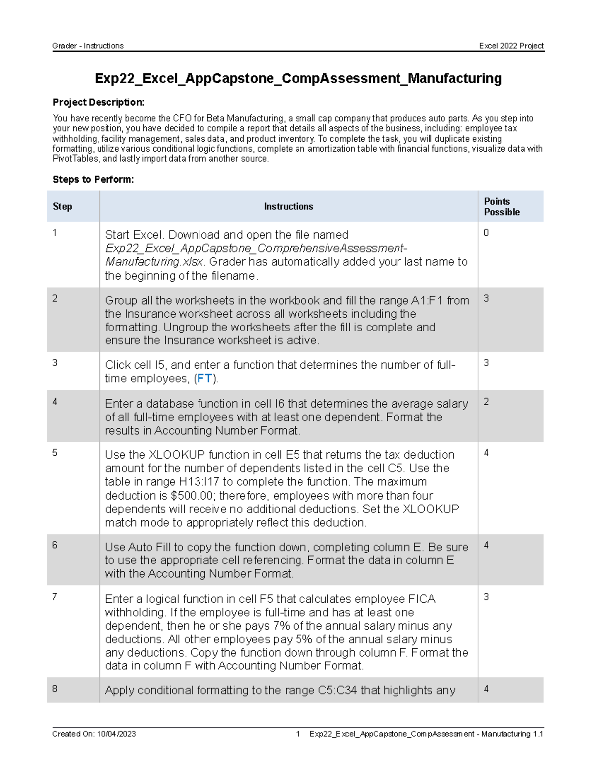 Exp22 Excel App Capstone: Comprehensive Manufacturing Assessment Guide - Studocu