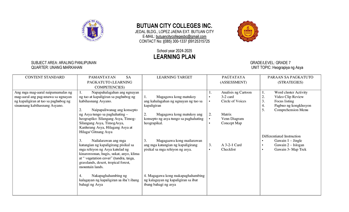 Grade 7 Learning Plan: Heograpiya at Sinaunang Kabihasan sa Asya - Studocu