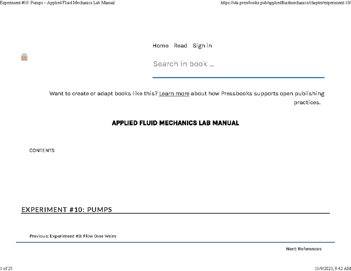 Experiment #10: Pumps in Fluid Mechanics Lab Manual - Studocu