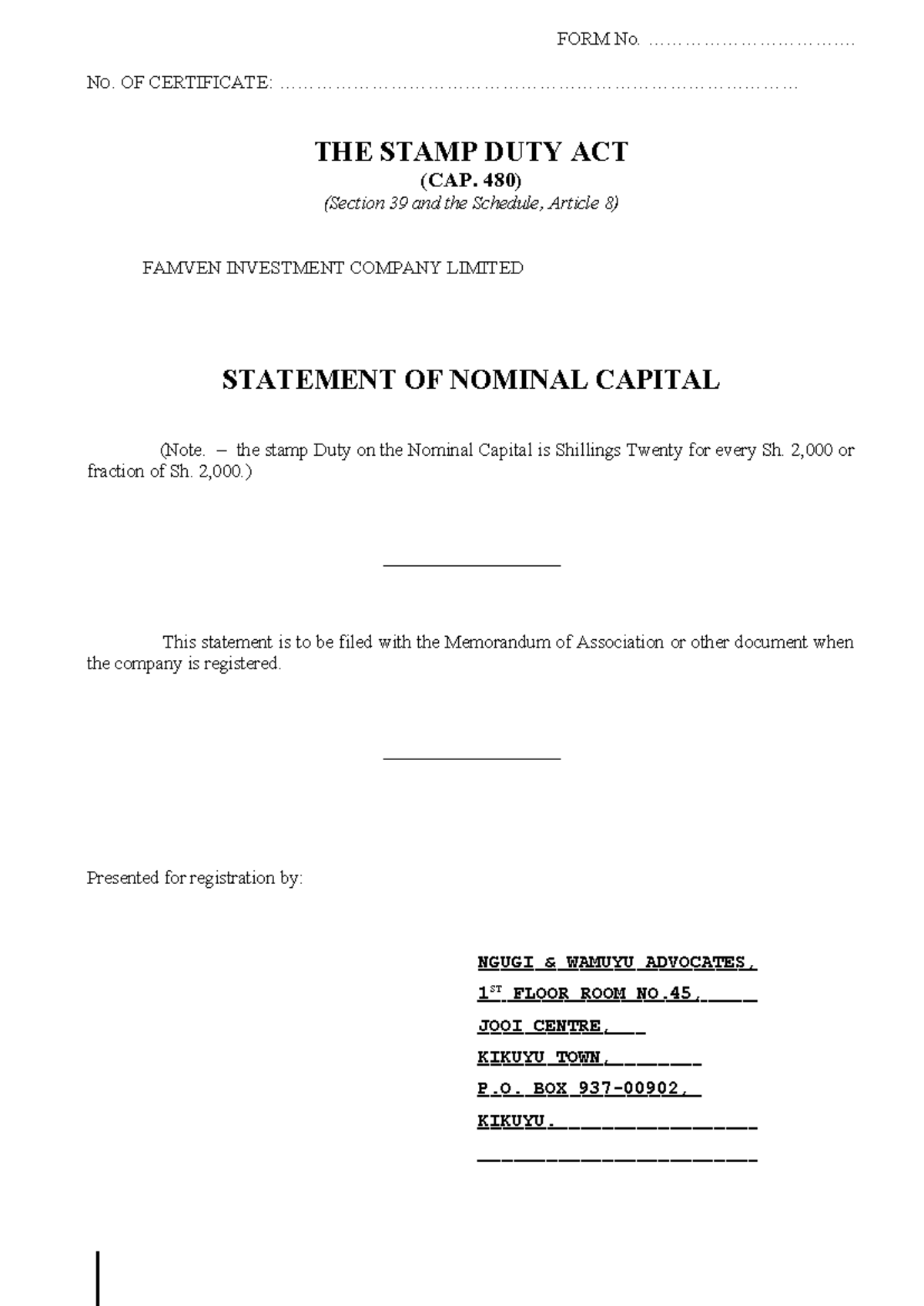 Sample Nominal Statement - Stamp Duty Act Pleadings - Studocu