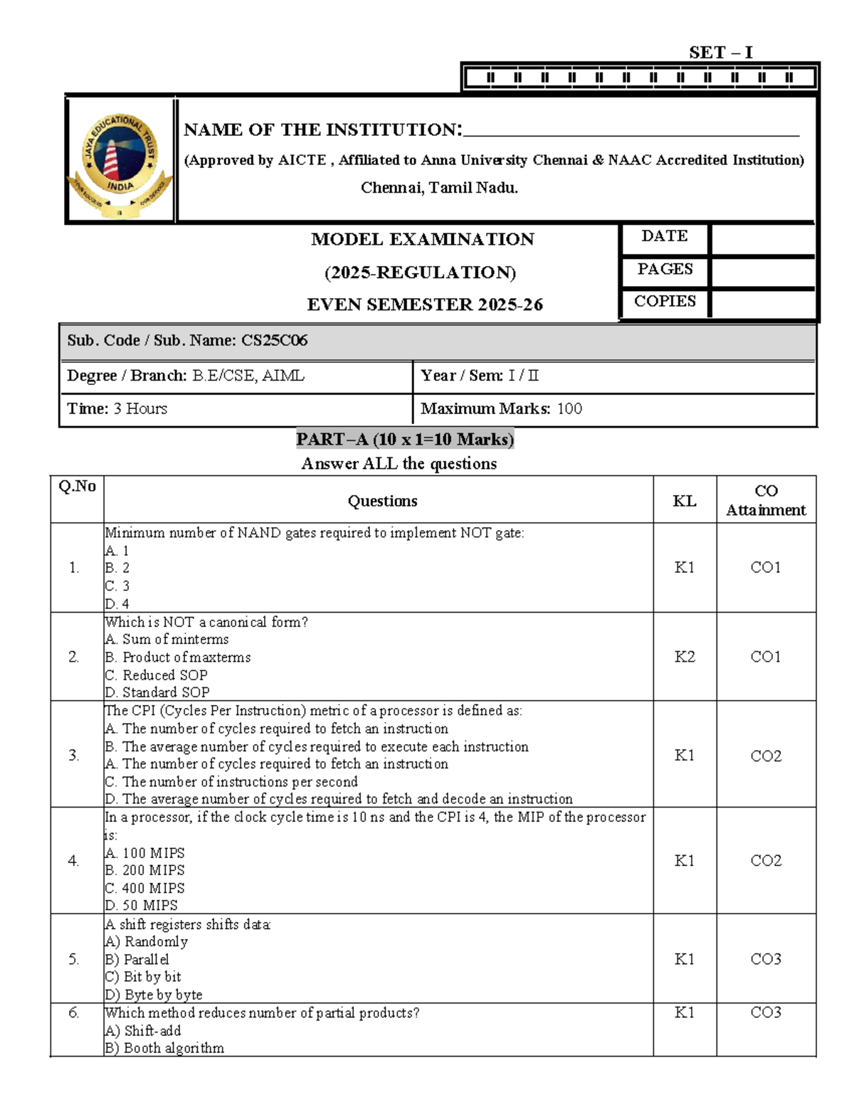 CS25C06 AIML Model Exam Question Paper - Even Semester 2025 - Studocu
