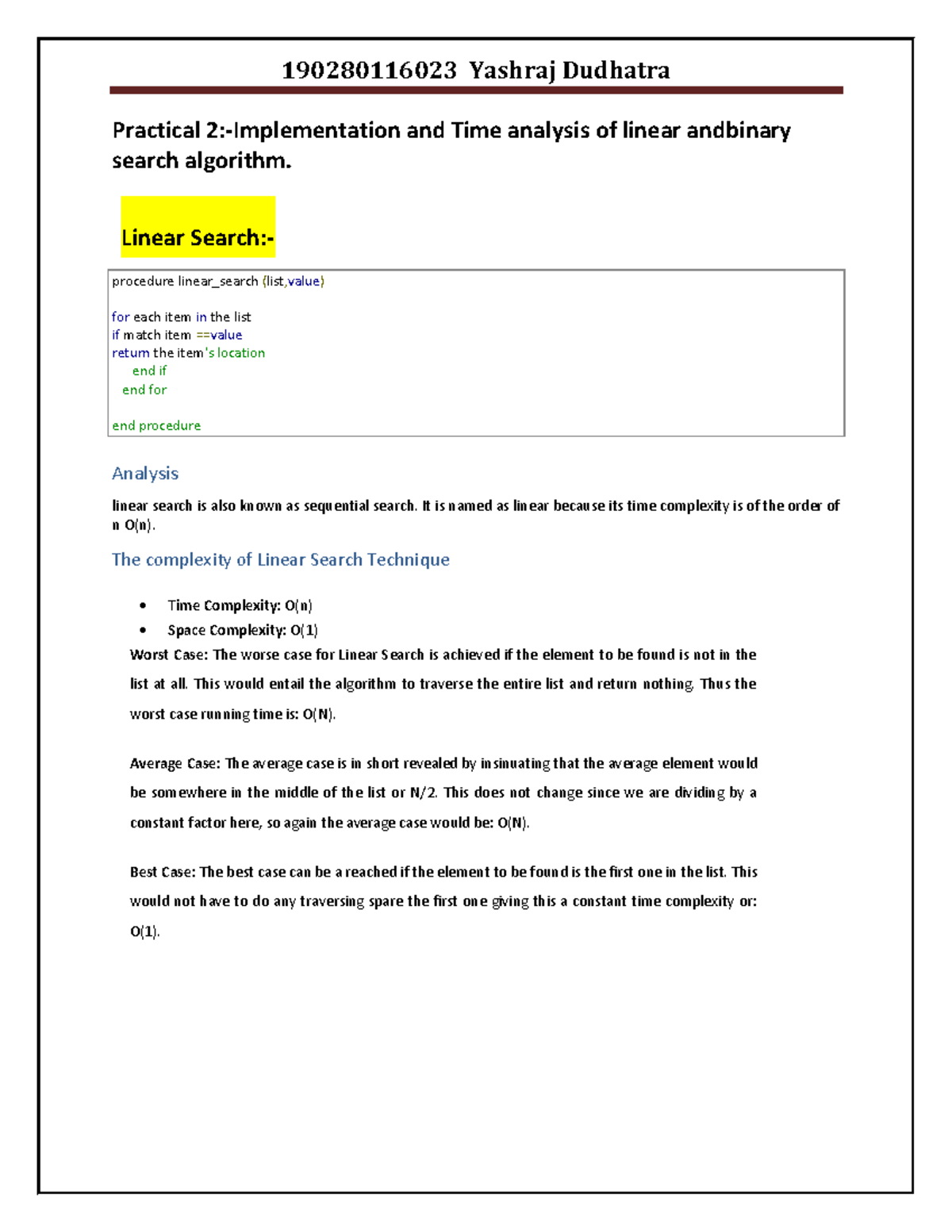 ADA Practical-2: Time Analysis & Implementation of Search Algorithms - Studocu