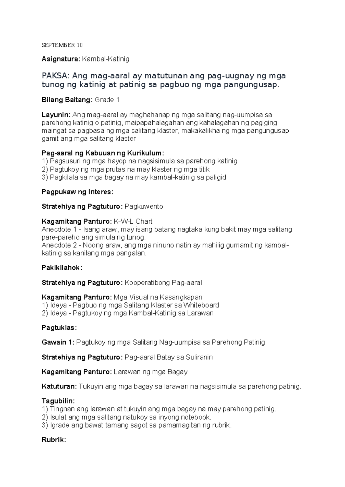 Kambal-Katinig Lesson Plan para sa Grade 1 - Setyembre 10 - Studocu