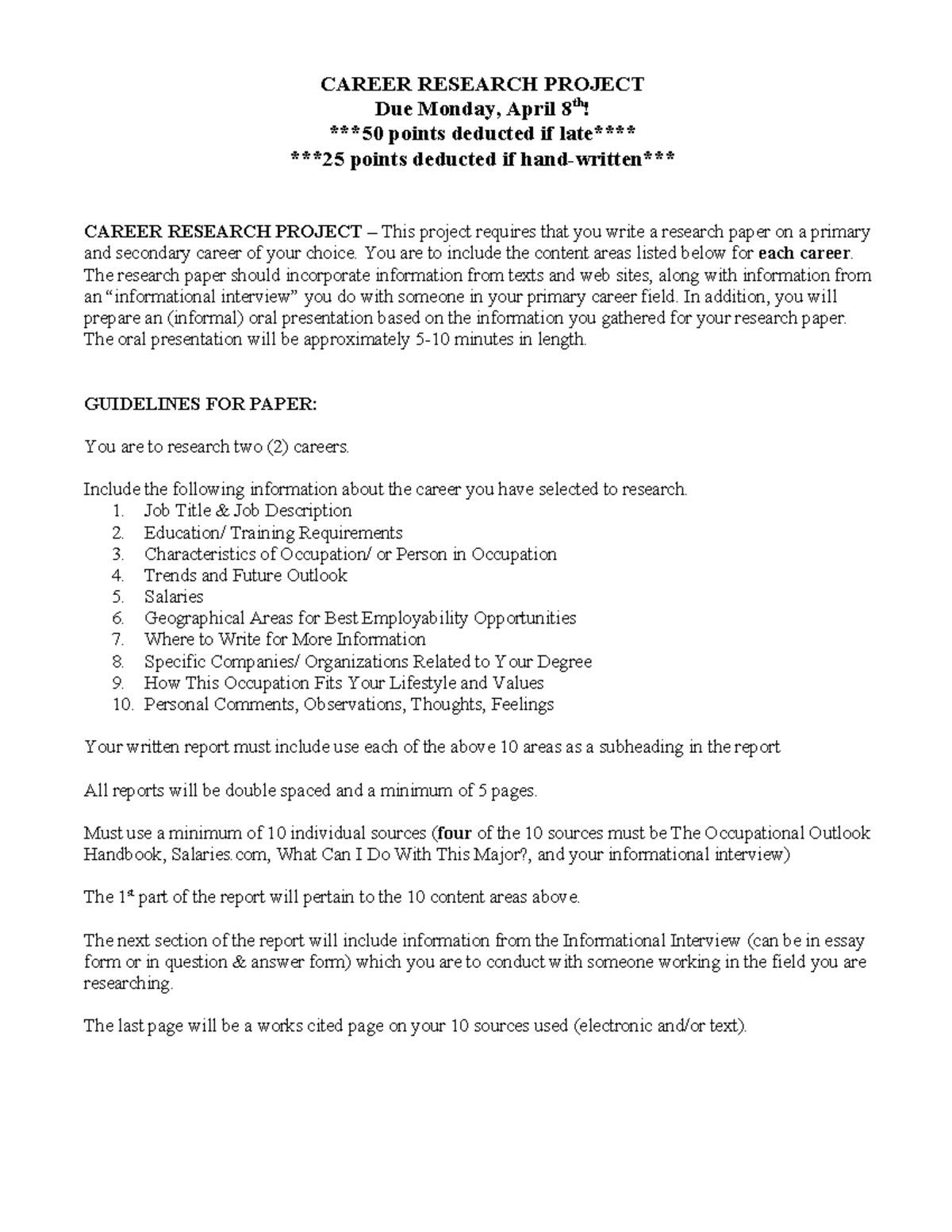 Career Research Project Guidelines and Requirements - Studocu