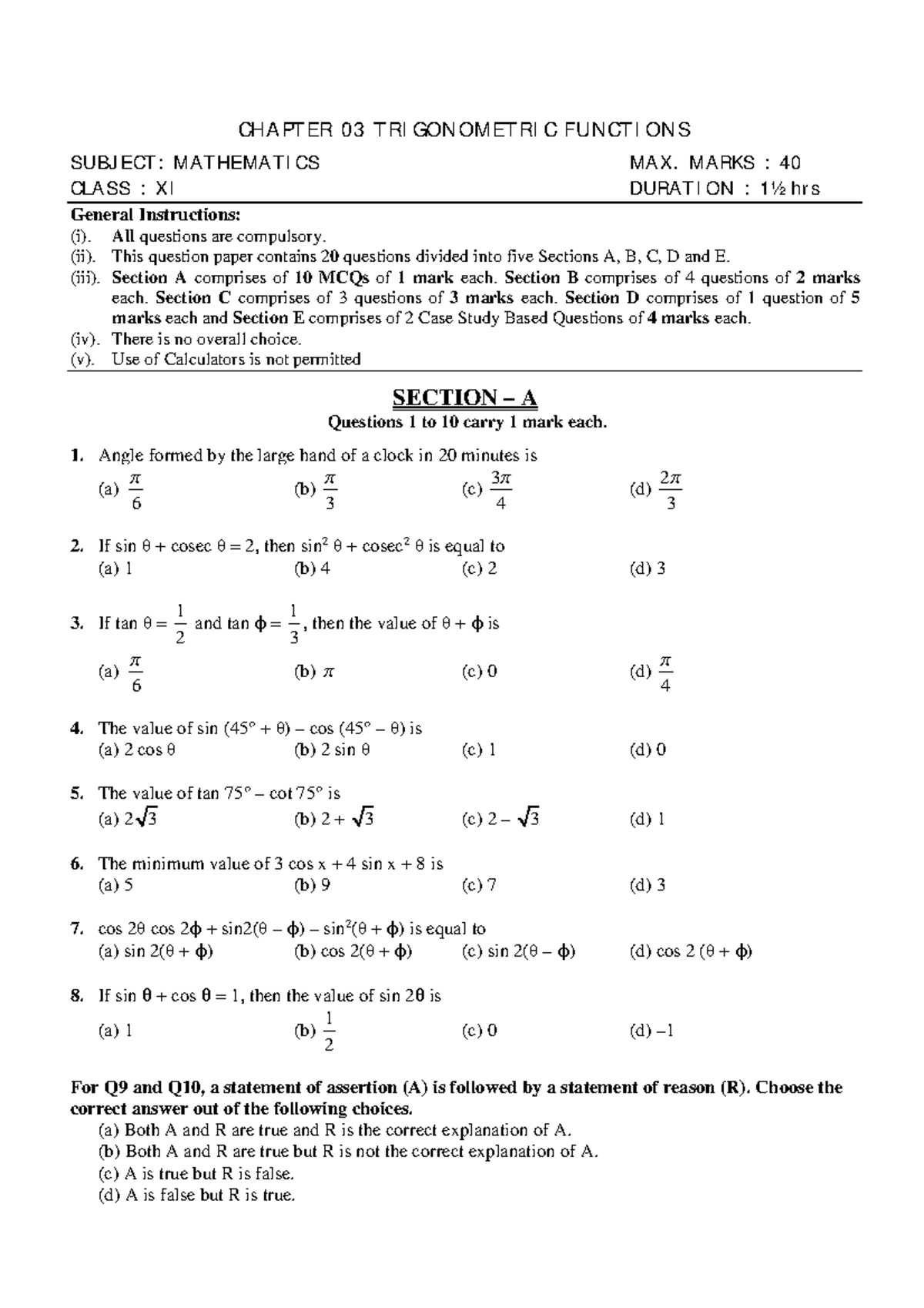 CHAPTER 03 TRIGONOMETRIC FUNCTIONS PRACTICE PAPER - CLASS XI - Studocu