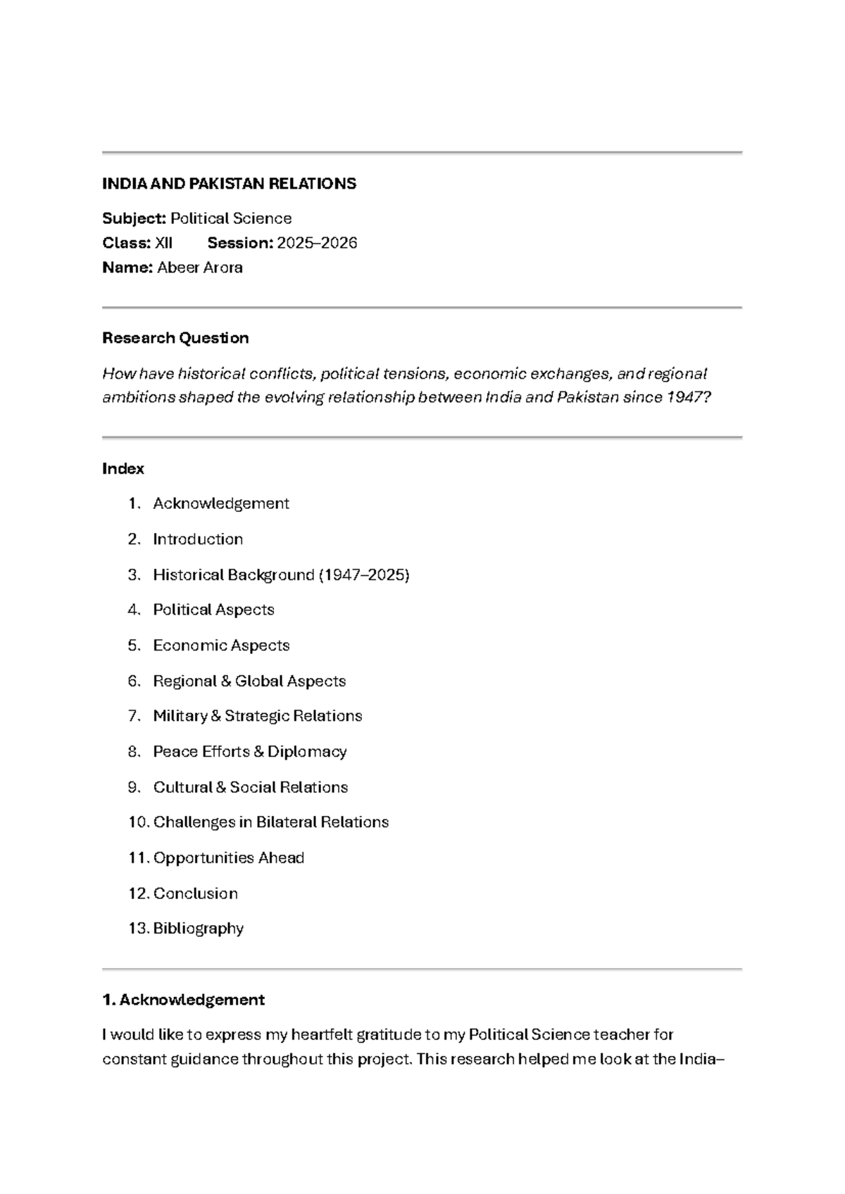Political Science Class XII: India-Pakistan Relations Analysis - Studocu