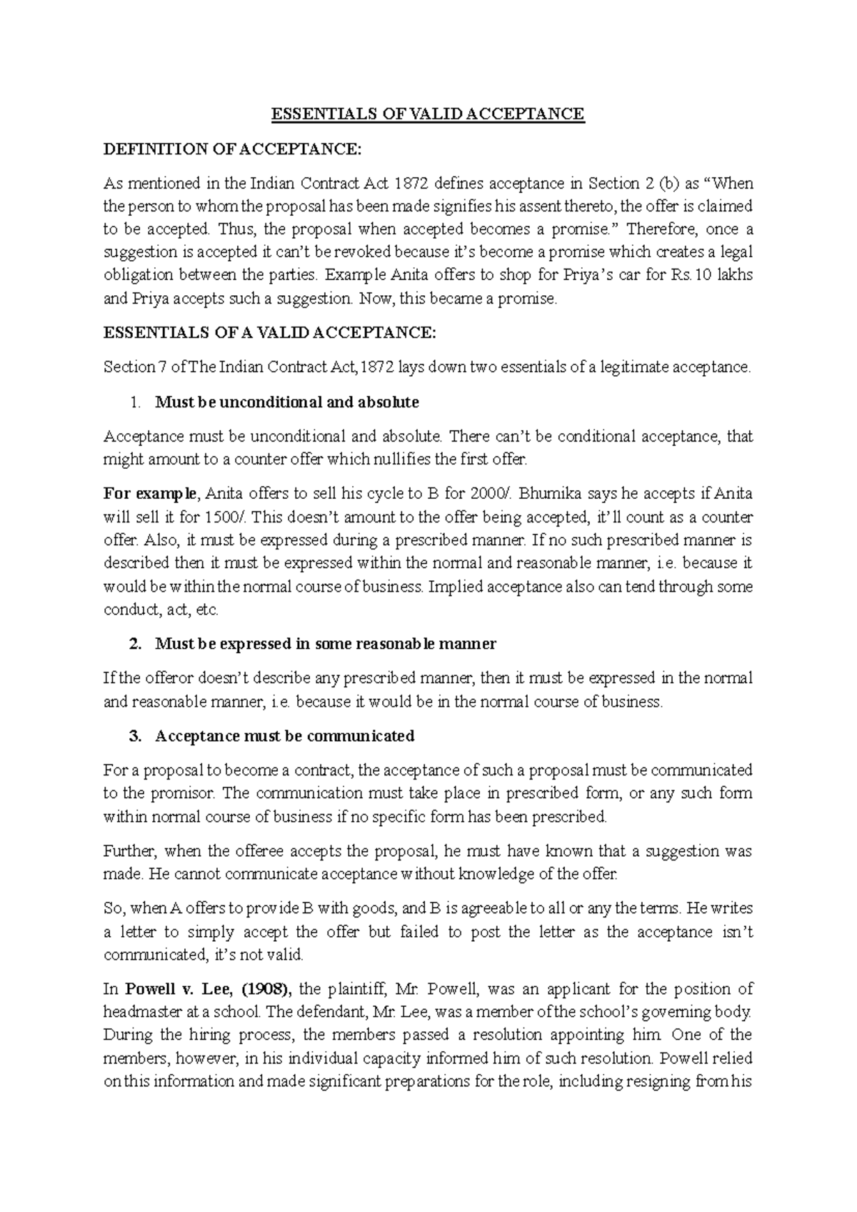 Essentials of Valid Acceptance in Indian Contract Act 1872 - Studocu
