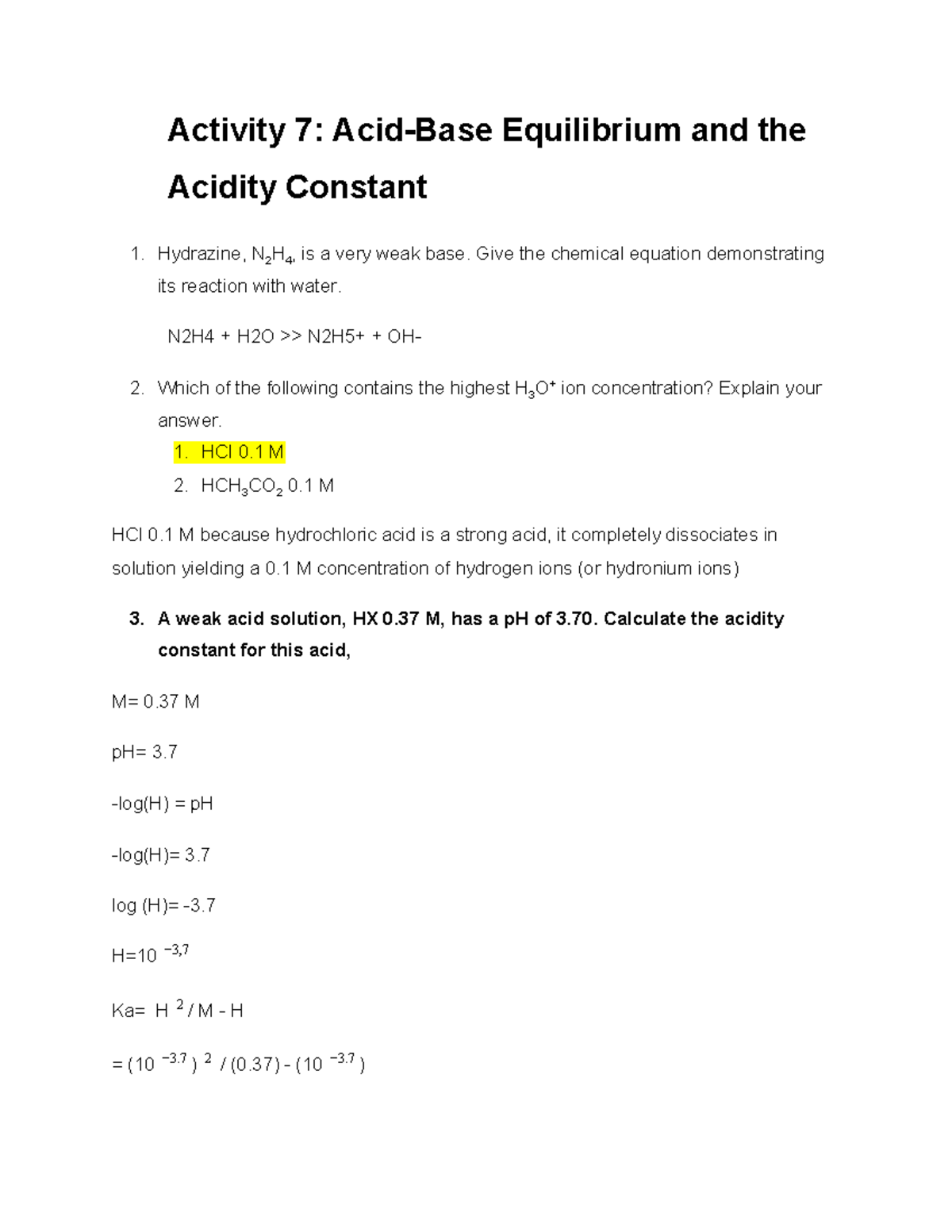 Activity 7: Acid-Base Equilibrium & Acidity Constant Review - Studocu