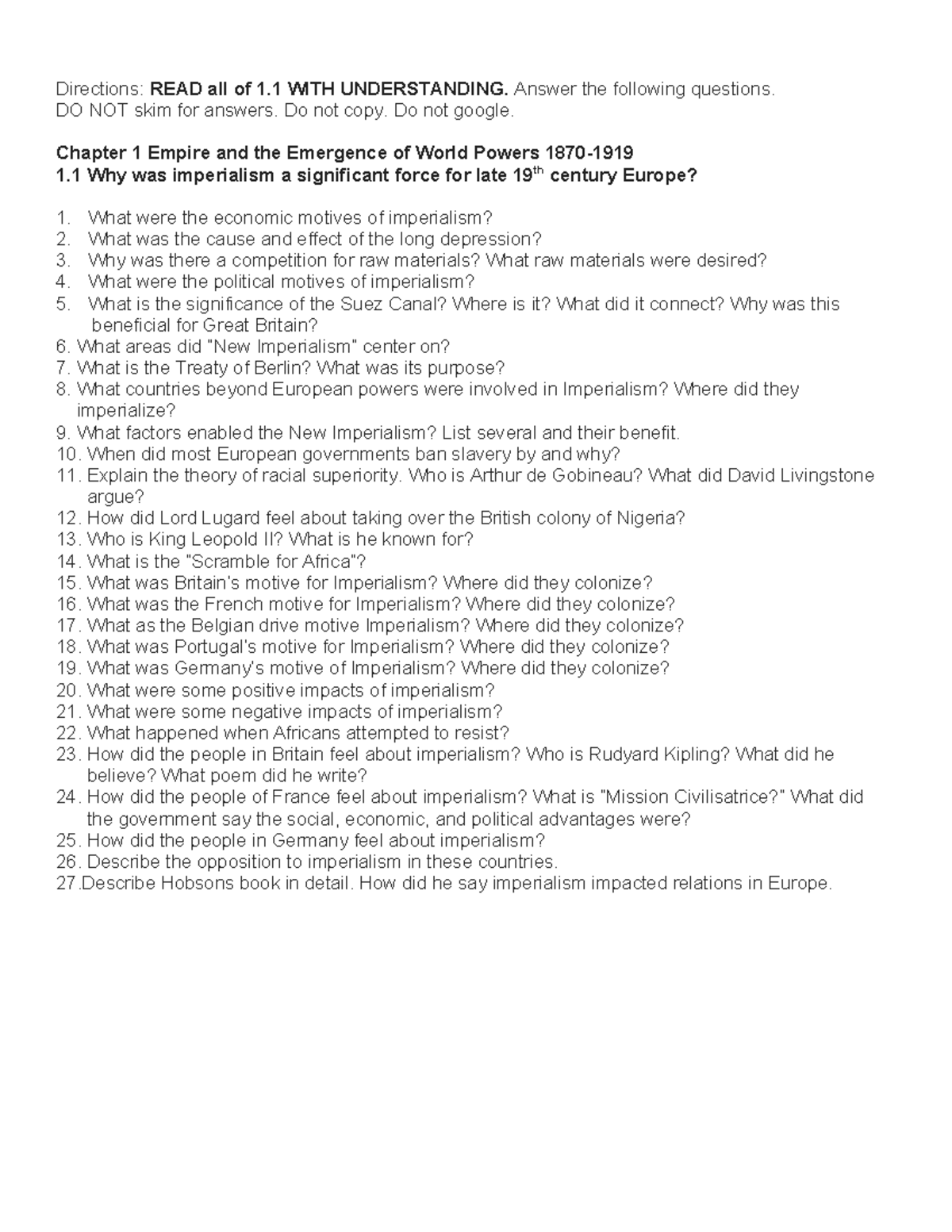 Chapter 1.1 Assignment: Understanding Imperialism in 19th Century ...