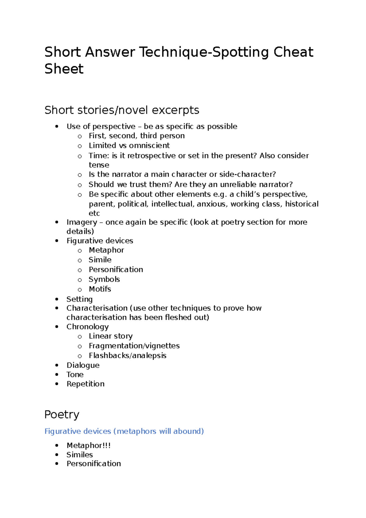Short Answer Technique Spotting Cheat Sheet Guide for Literature ...