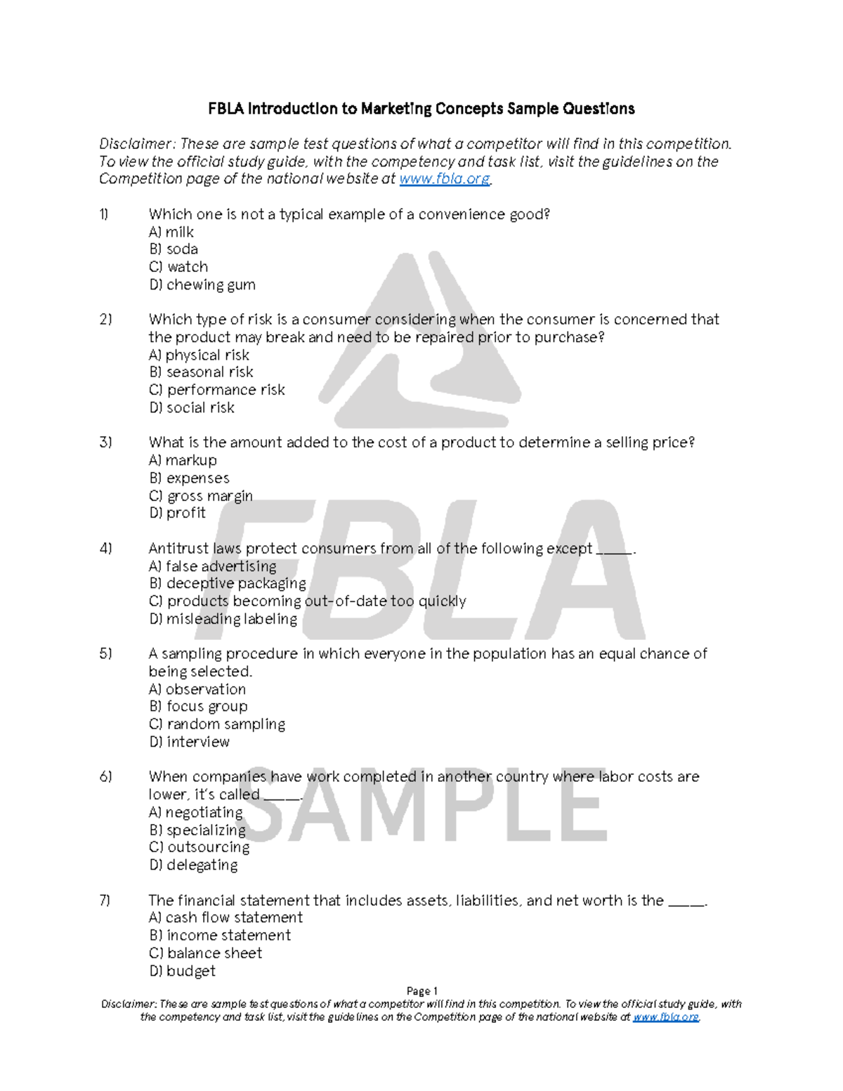 FBLA Intro to Marketing Concepts Sample Test Questions - Studocu