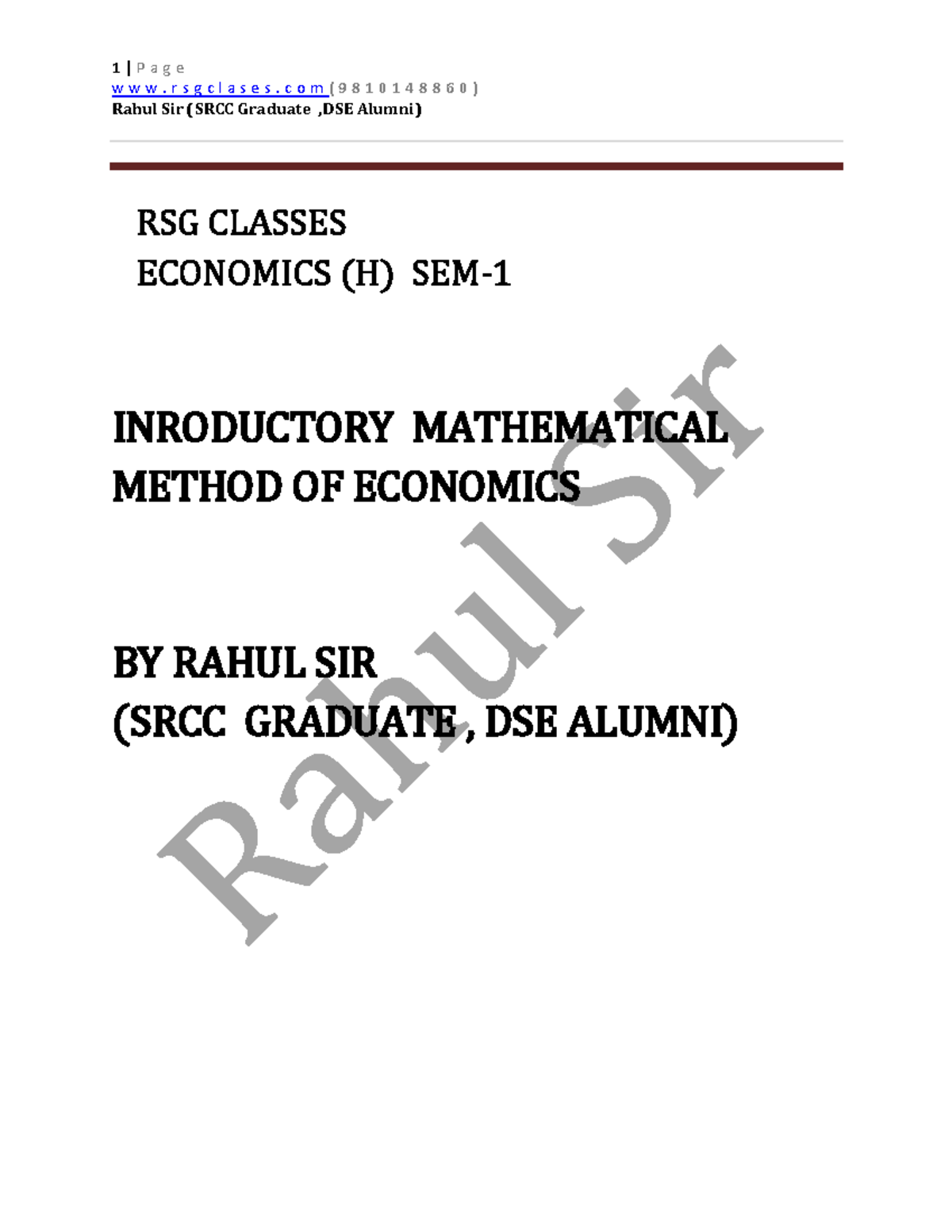 Introductory Mathematical Methods of Economics (Eco(H) Sem 1) Notes ...