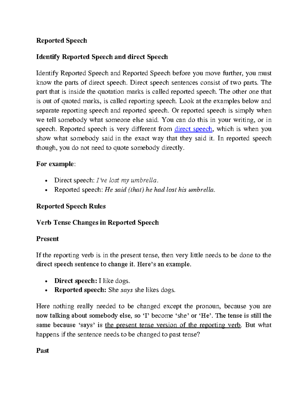 Reported Speech Summary Notes for English Language Studies (ENG101 ...