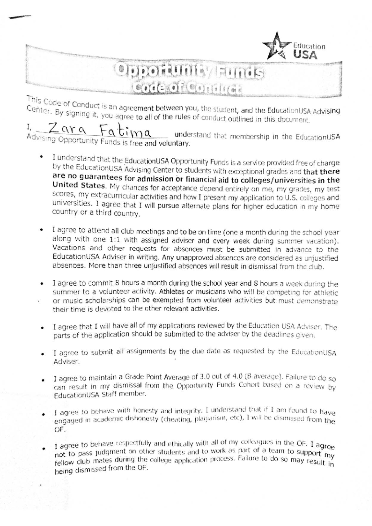 EducationUSA Opportunity Funds Code of Conduct Agreement - Studocu