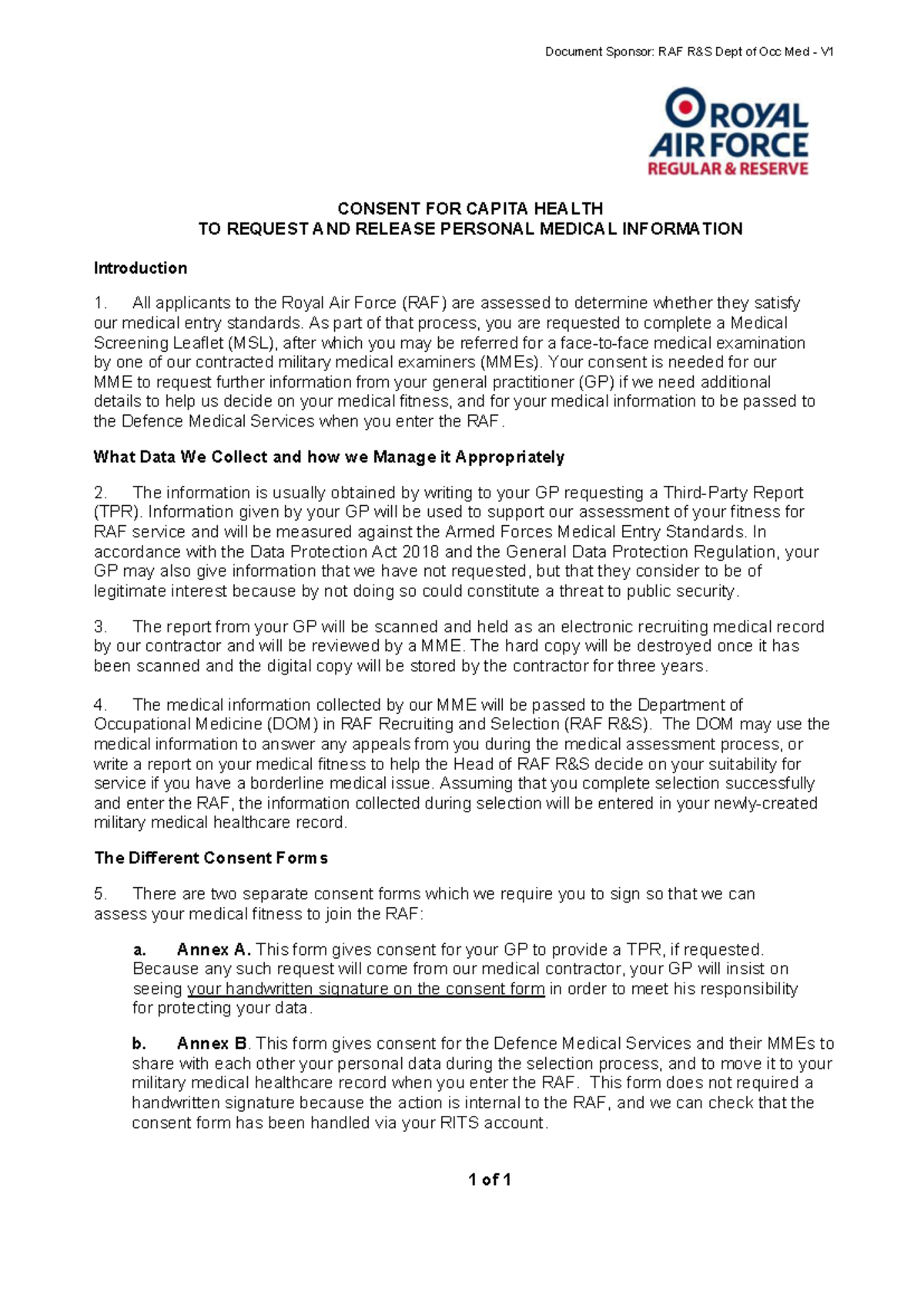 RAF Dept of Occ Med: Consent for Medical Info Release (V1) - Studocu