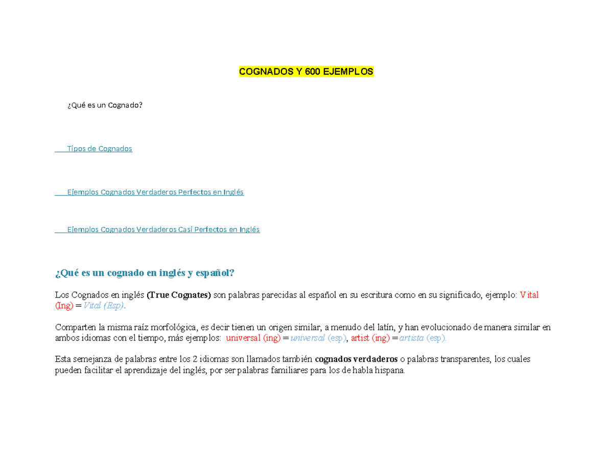 Cognados: 600 Ejemplos y Tipos en Inglés y Español - Studocu