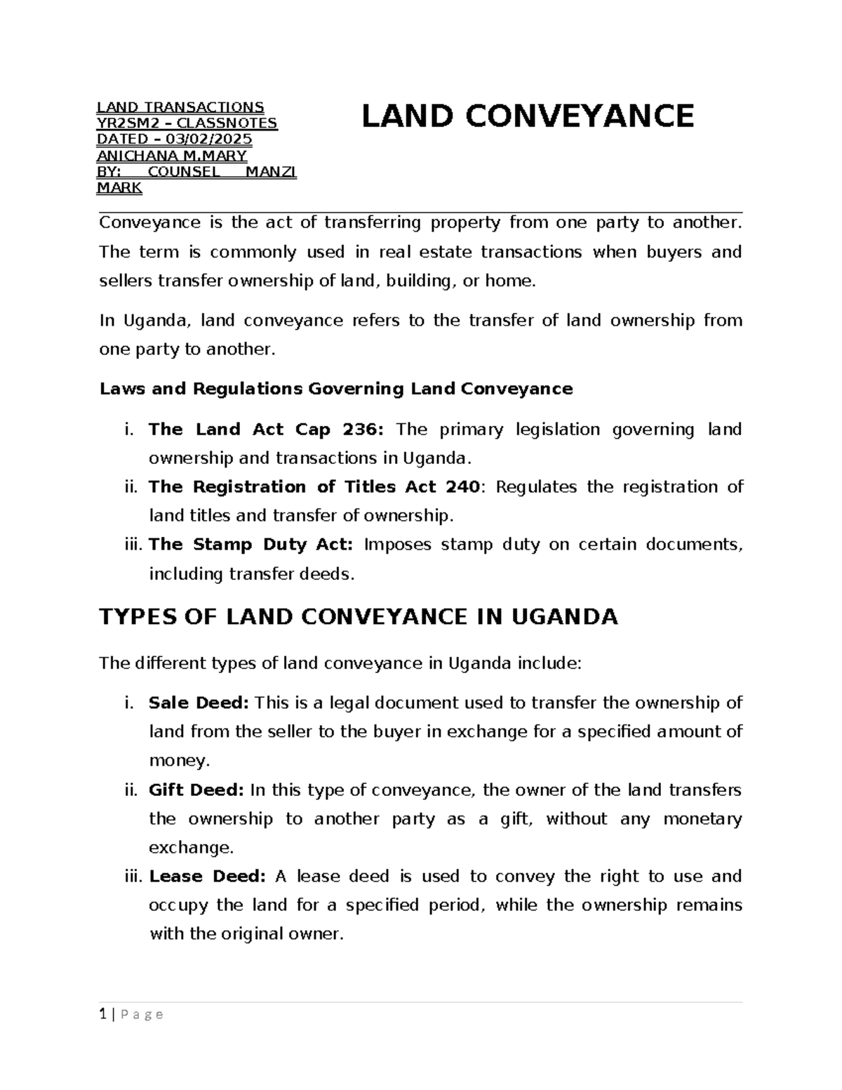 LAND TRANSACTIONS YR2SM2 CLASS NOTES: LAND CONVEYANCE IN UGANDA - Studocu
