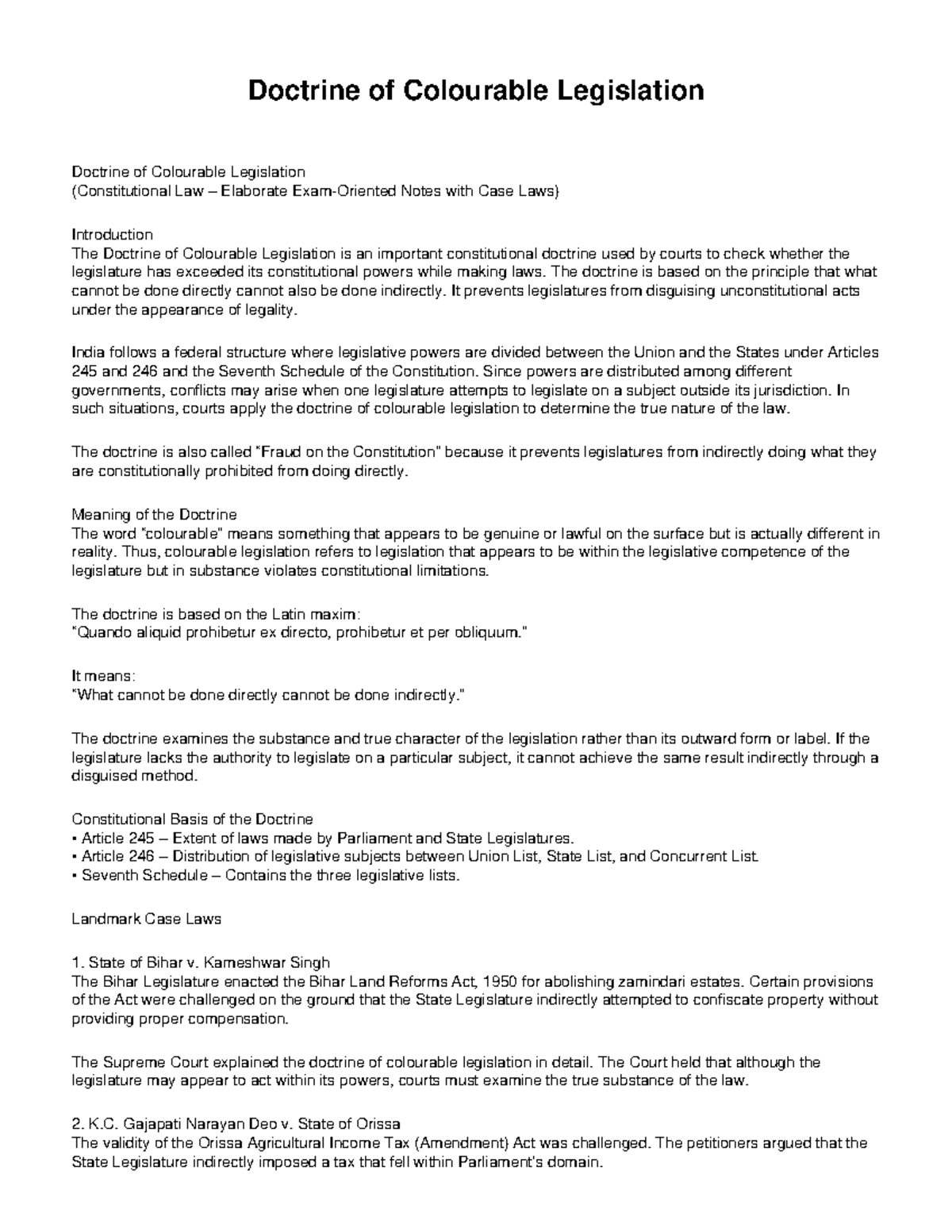 Doctrine of Colourable Legislation: Constitutional Law Notes-2 - Studocu