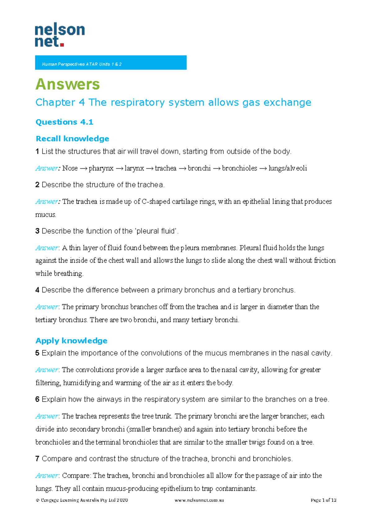 Human Perspectives ATAR Units 1 2 Chapter 4 Respiratory System Q&A ...