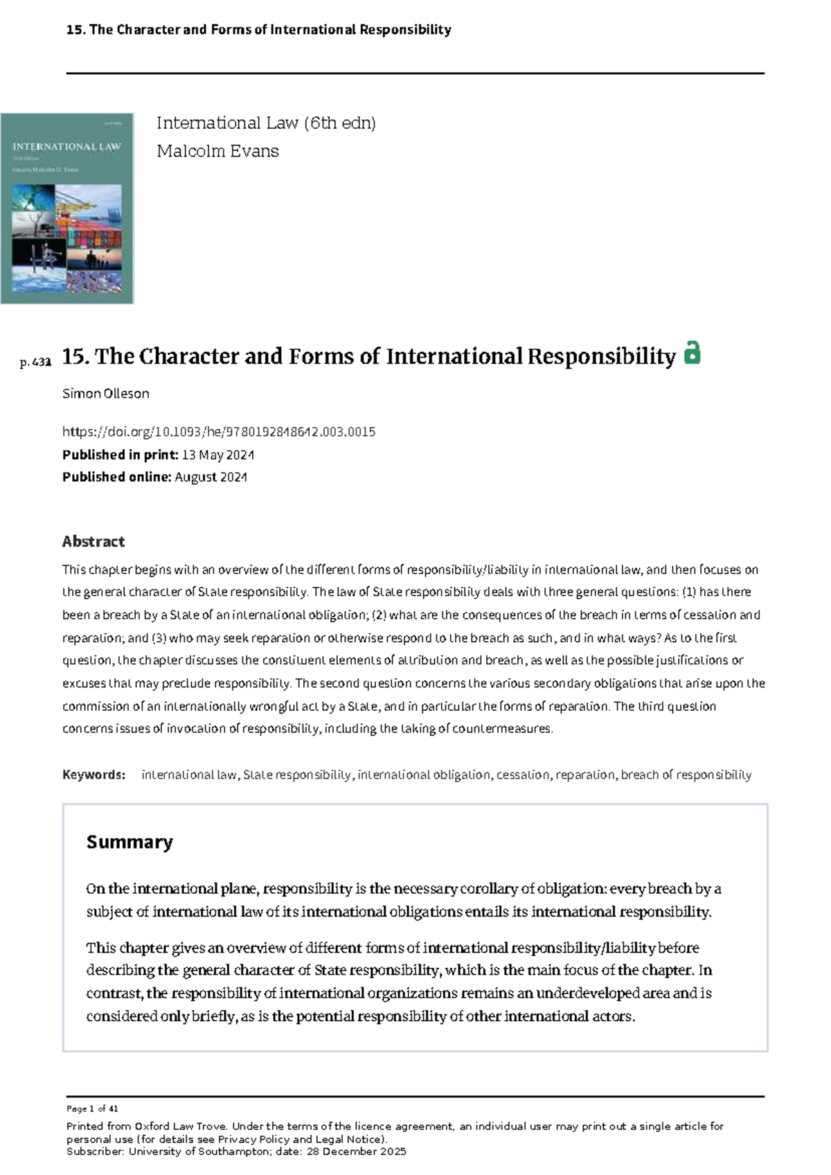International Law (6th edn): Chapter 15 - Forms of State Responsibility ...