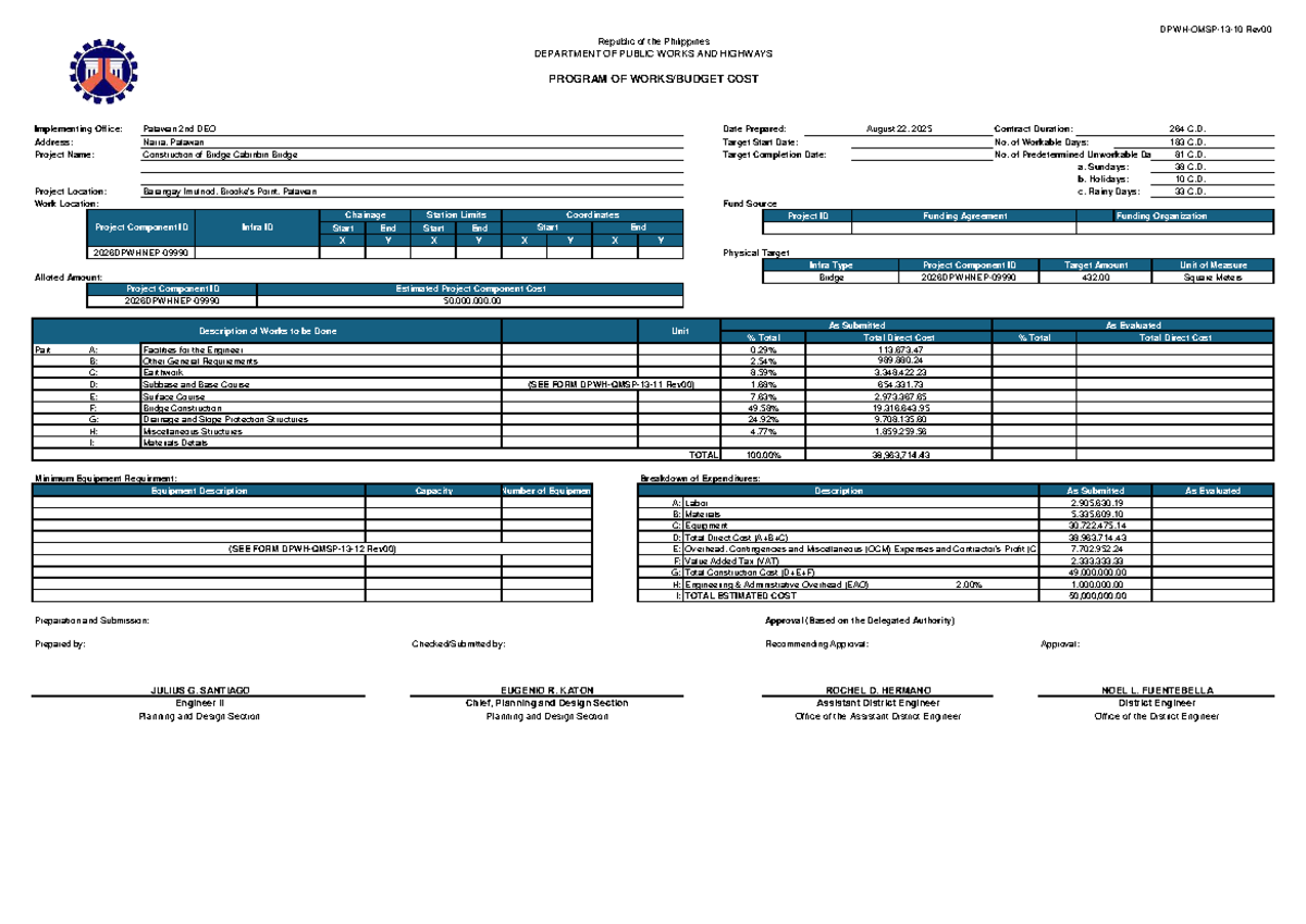POW - Cost Estimates for Bridge Construction Project in Palawan - Studocu