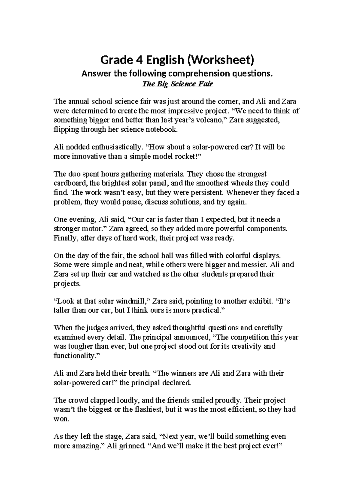 Grade 4 English (Worksheet) - The Big Science Fair Comprehension ...