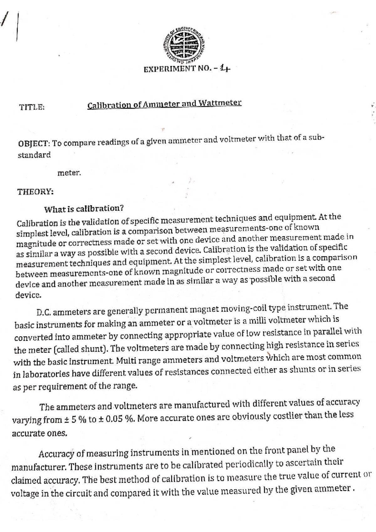 BE 4 - Calibration of Ammeter and Wattmeter Experiment Notes - Studocu
