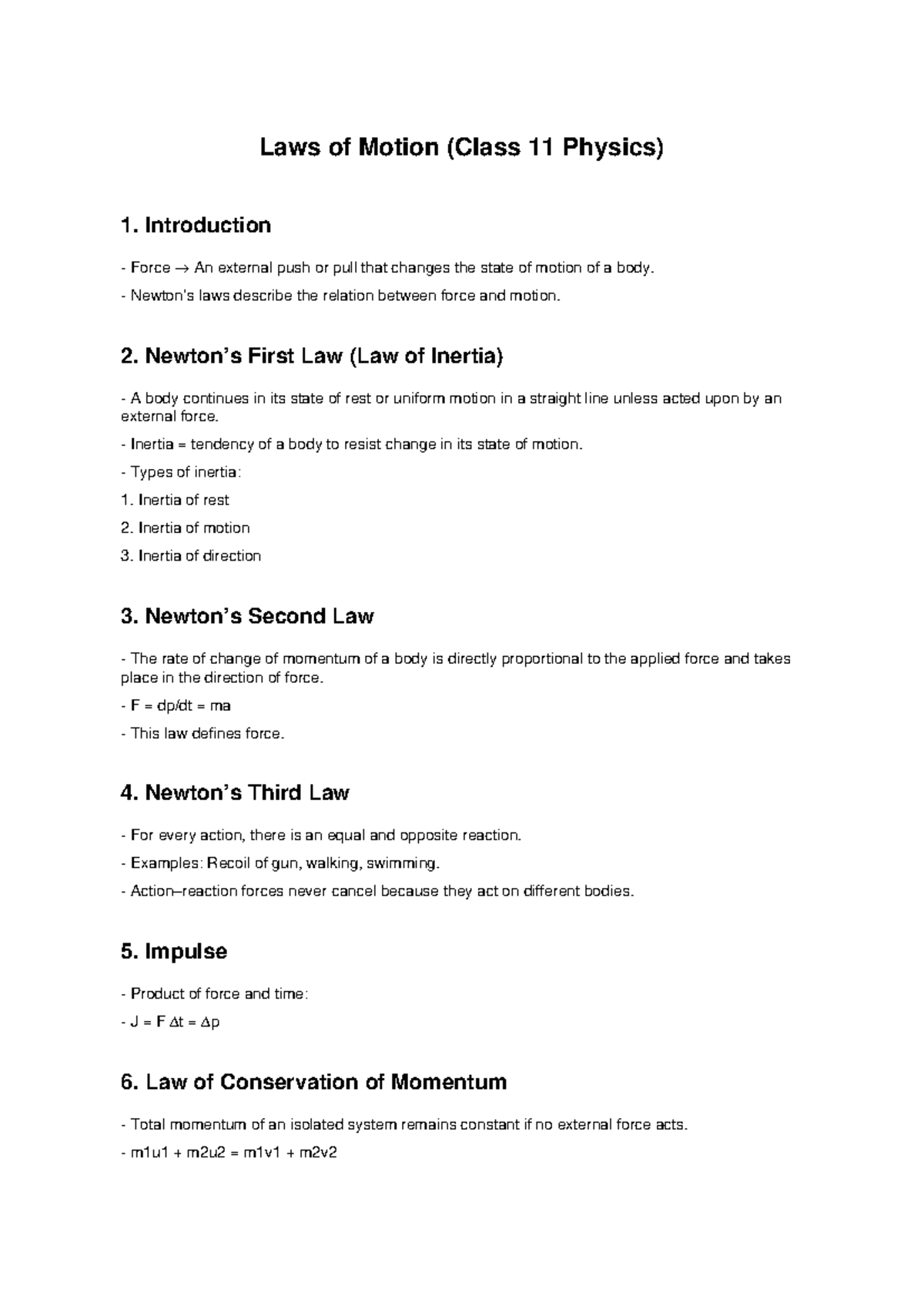 Laws of Motion Class 11 - Comprehensive Notes on Forces and Motion ...