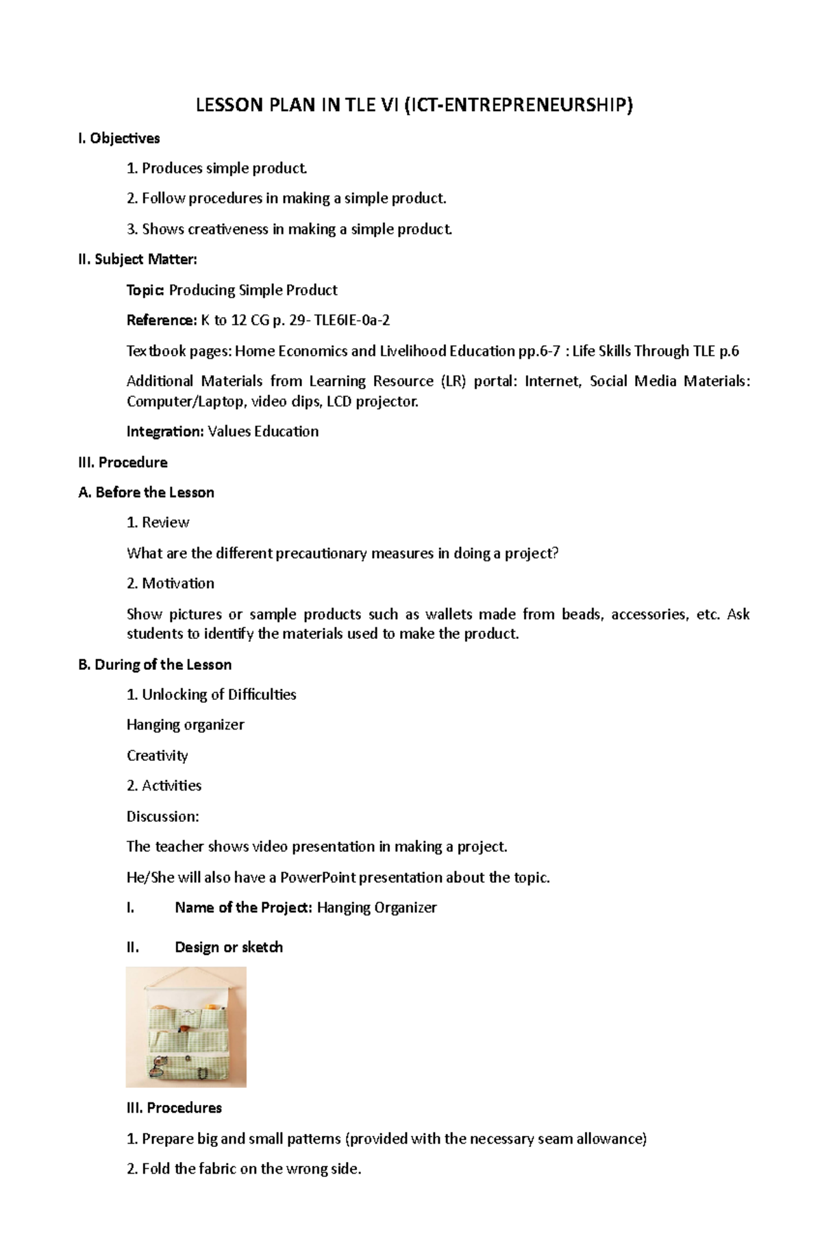 Lesson Plan for TLE VI: Simple Product Creation (ICT-Entrepreneurship ...