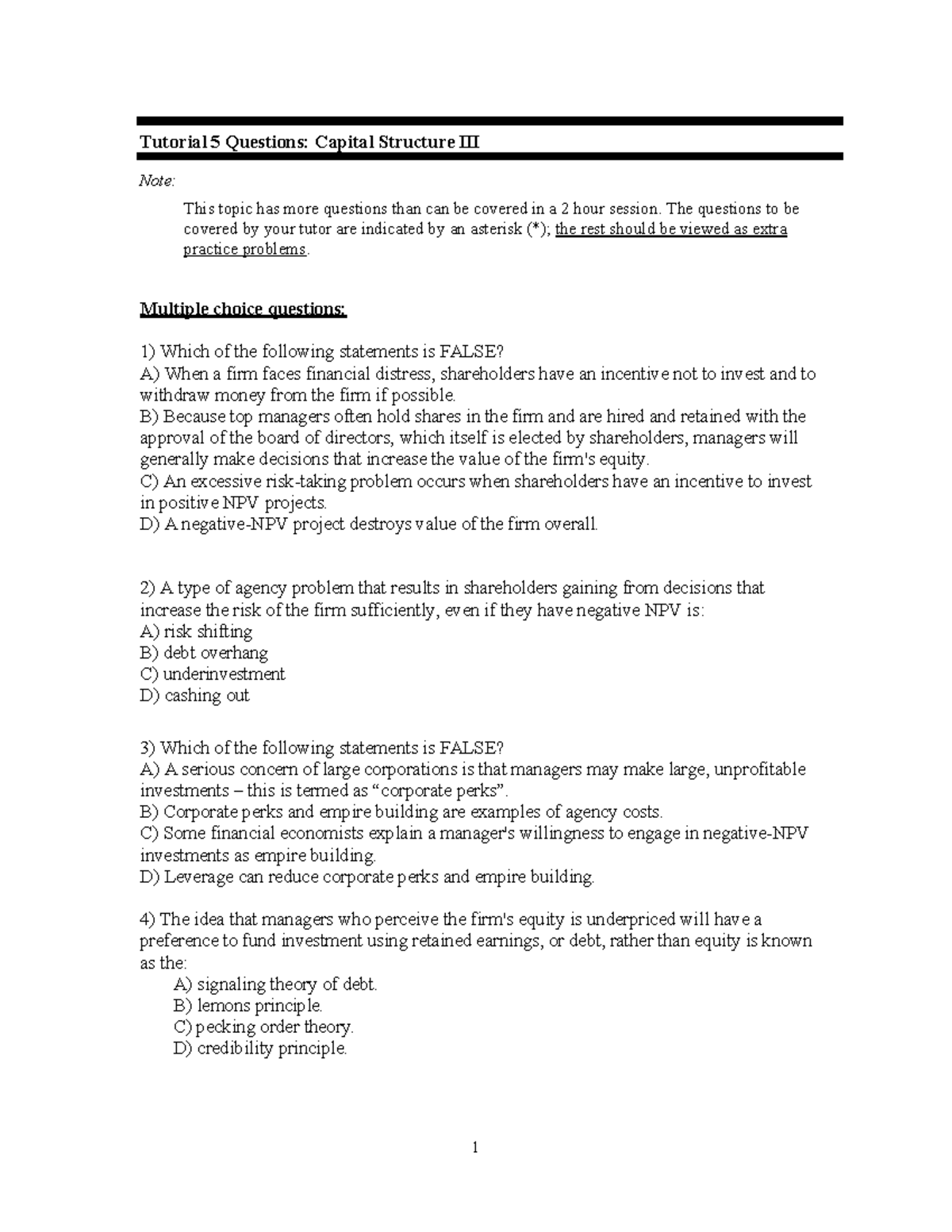 Tutorial 5: Capital Structure Questions and Practice Problems - Studocu