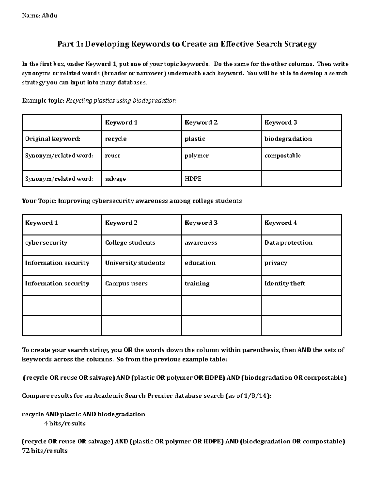 Keyword Development Worksheet and Search Results Evaluation for ...