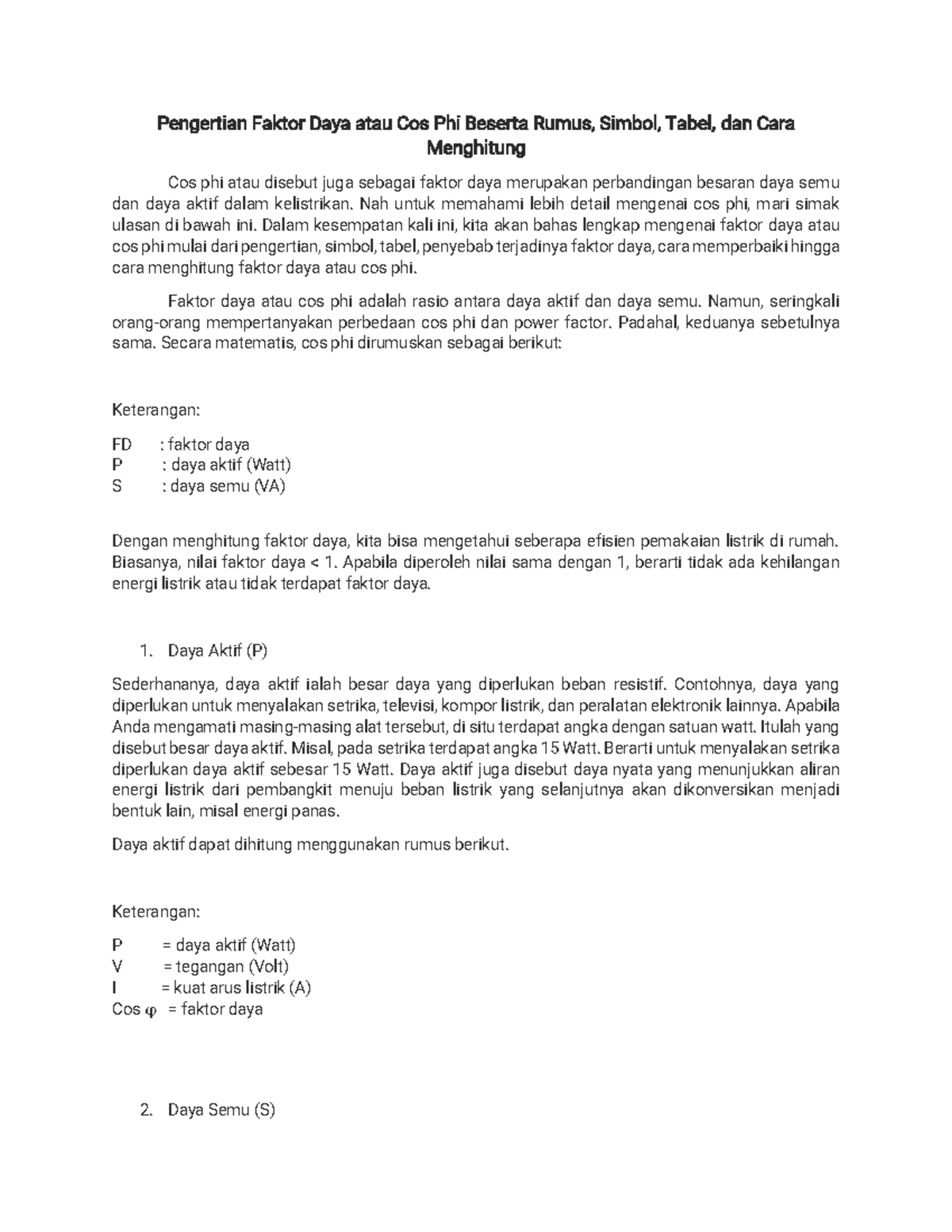 Pengertian dan Rumus Faktor Daya (Cos Phi) dalam Kelistrikan - Studocu