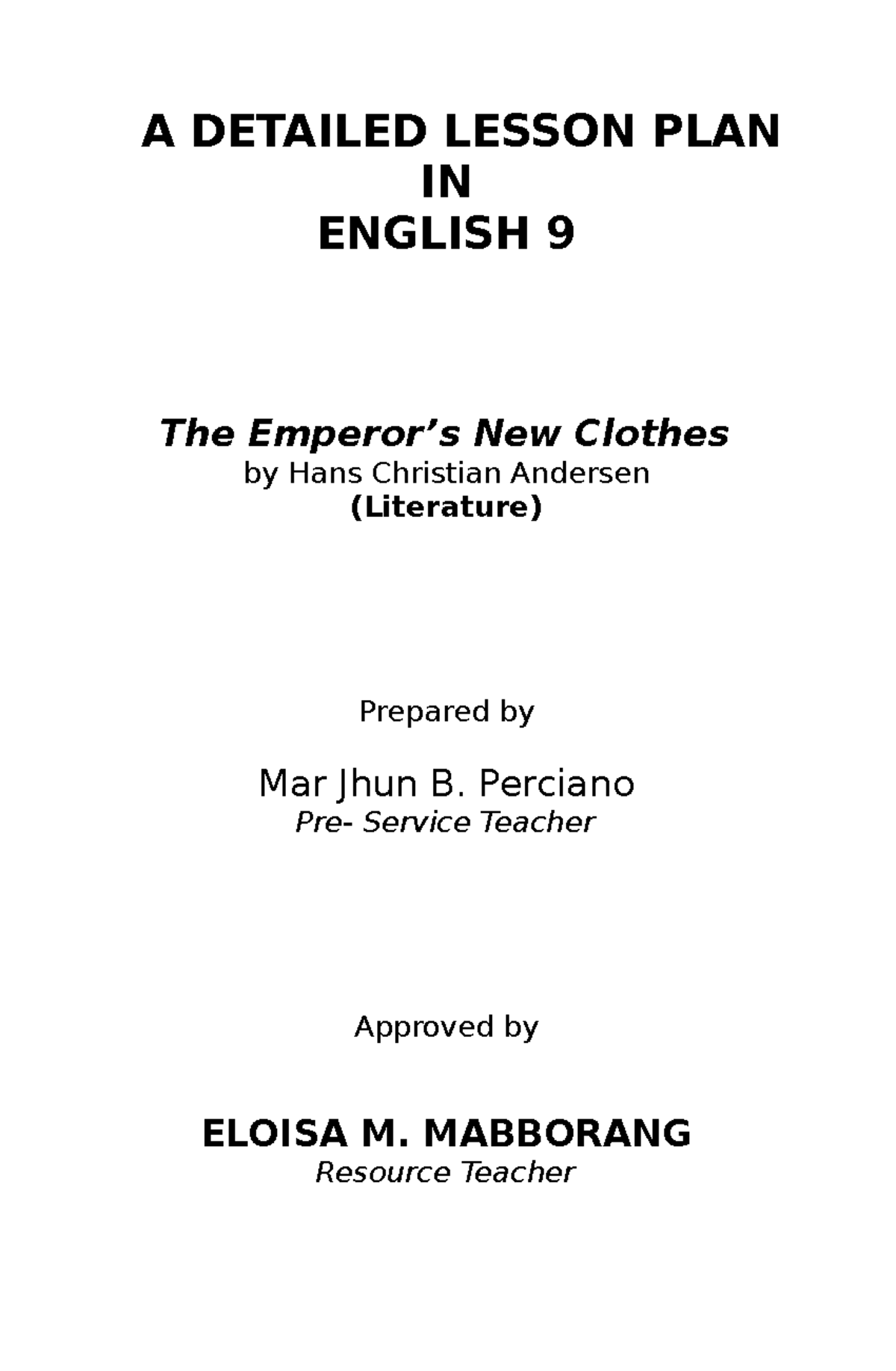 Detailed Lesson Plan: The Emperor's New Clothes (ENG 9) - Studocu