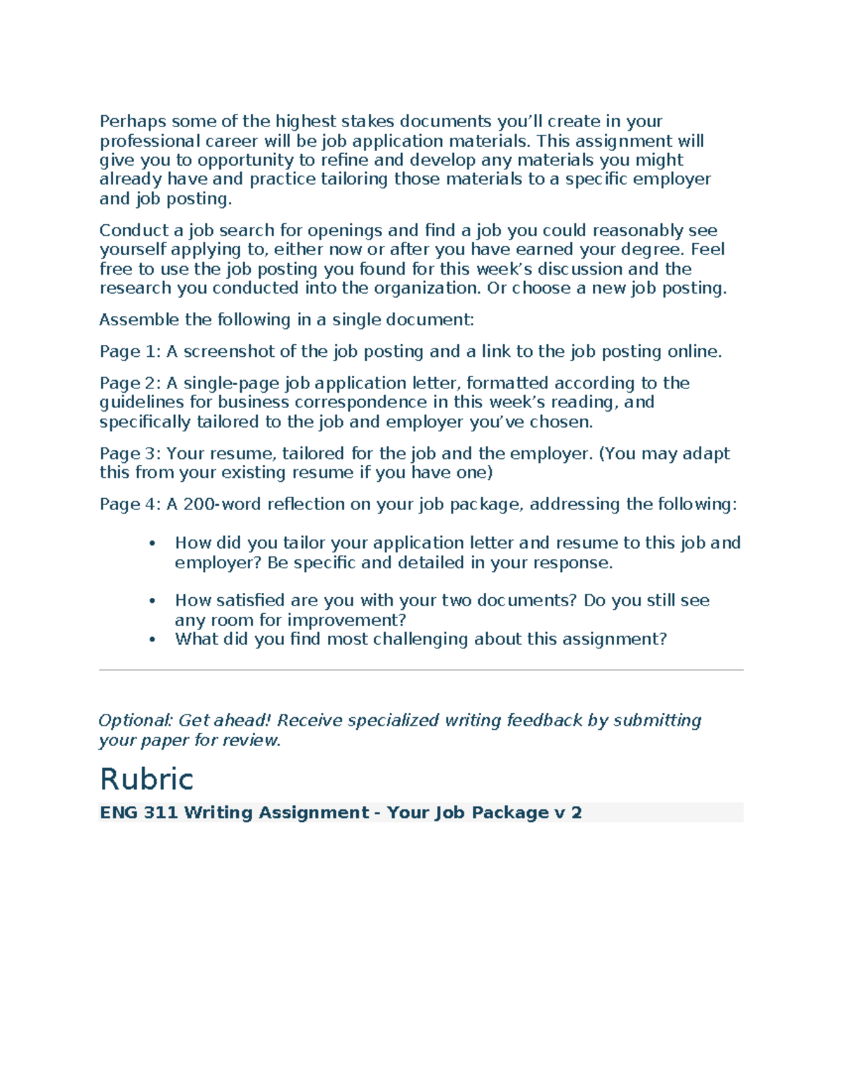 ENG 311 Week 7 Assignment: Job Application Materials Package - Studocu