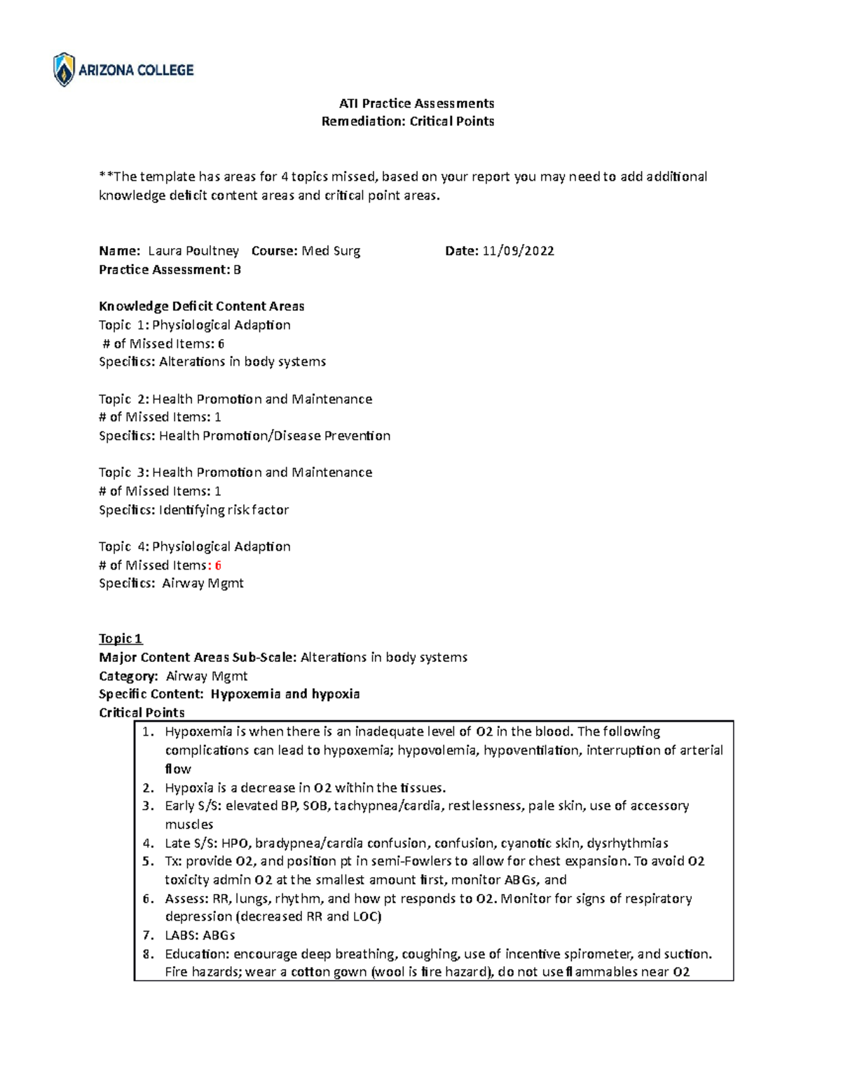 ATI Critical Points Template med surg - ATI Practice Assessments ...