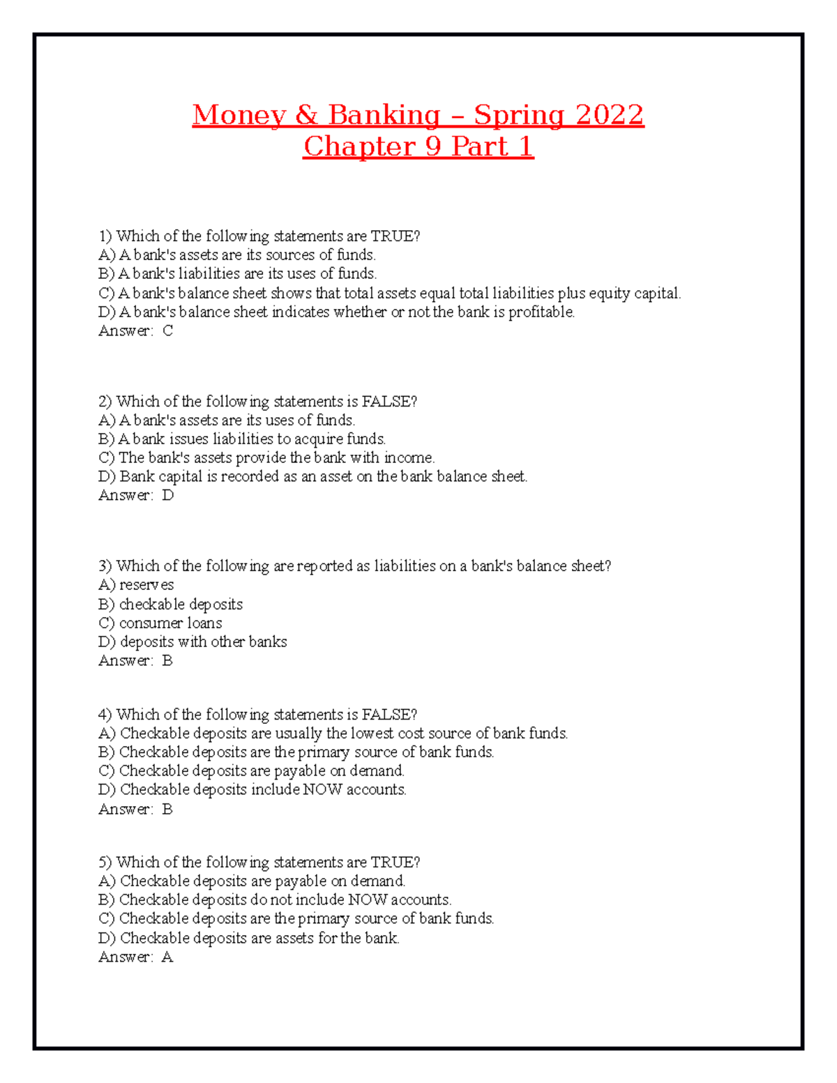 Ch 9 Part 1 Tutorial Sheet - Money & Banking – Spring 2022 Chapter 9 ...