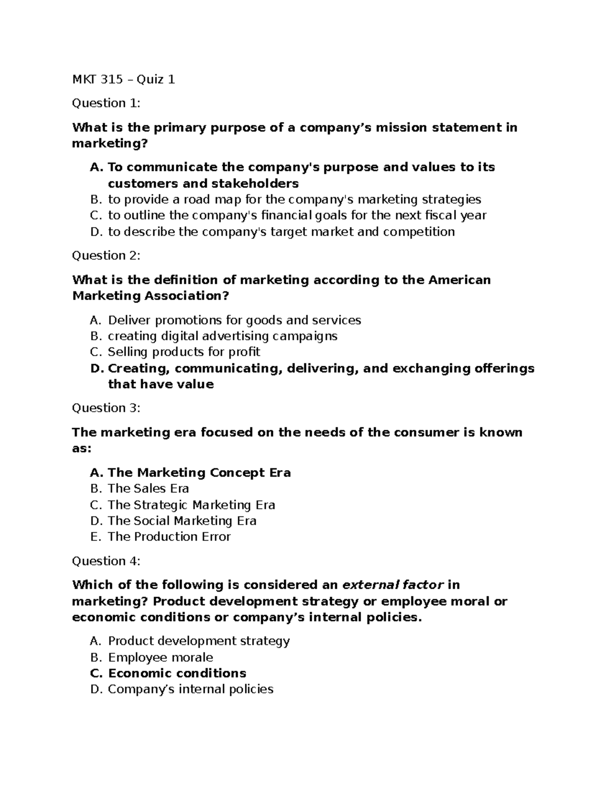 MKT 315 – Week 1 Quiz 1: Key Marketing Concepts and Definitions - Studocu